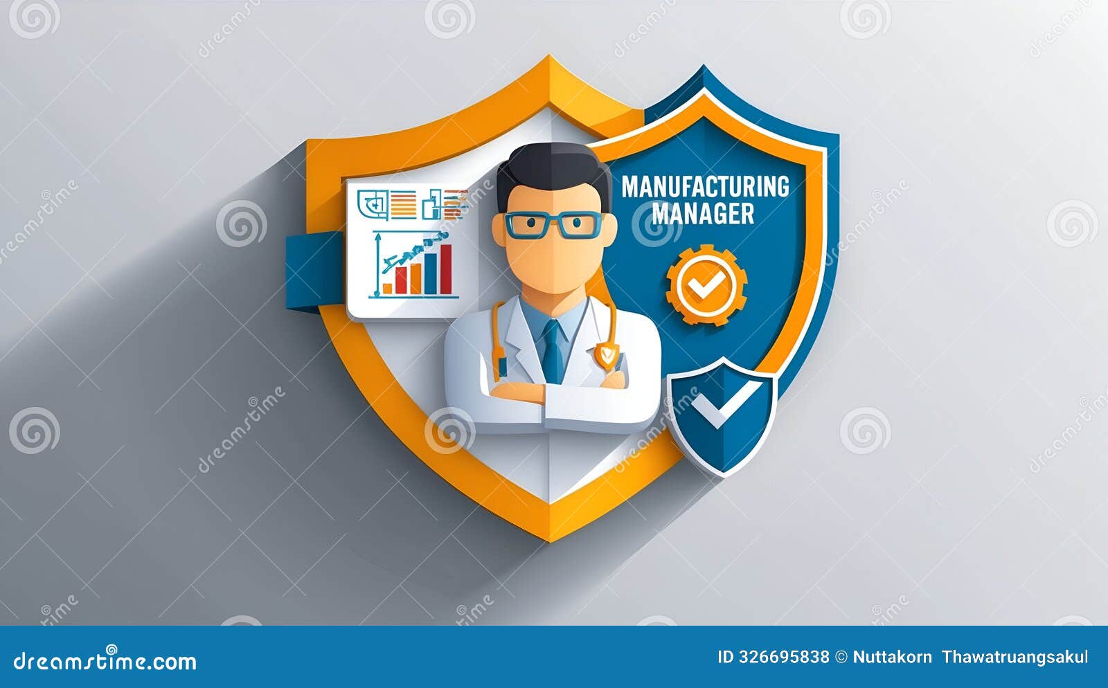 3d Flat Icon As Manufacturing Manager with Process Flowchart and Shield ... 3d Flat Icon As Manufacturing Manager with Process Flowchart and Shield ...