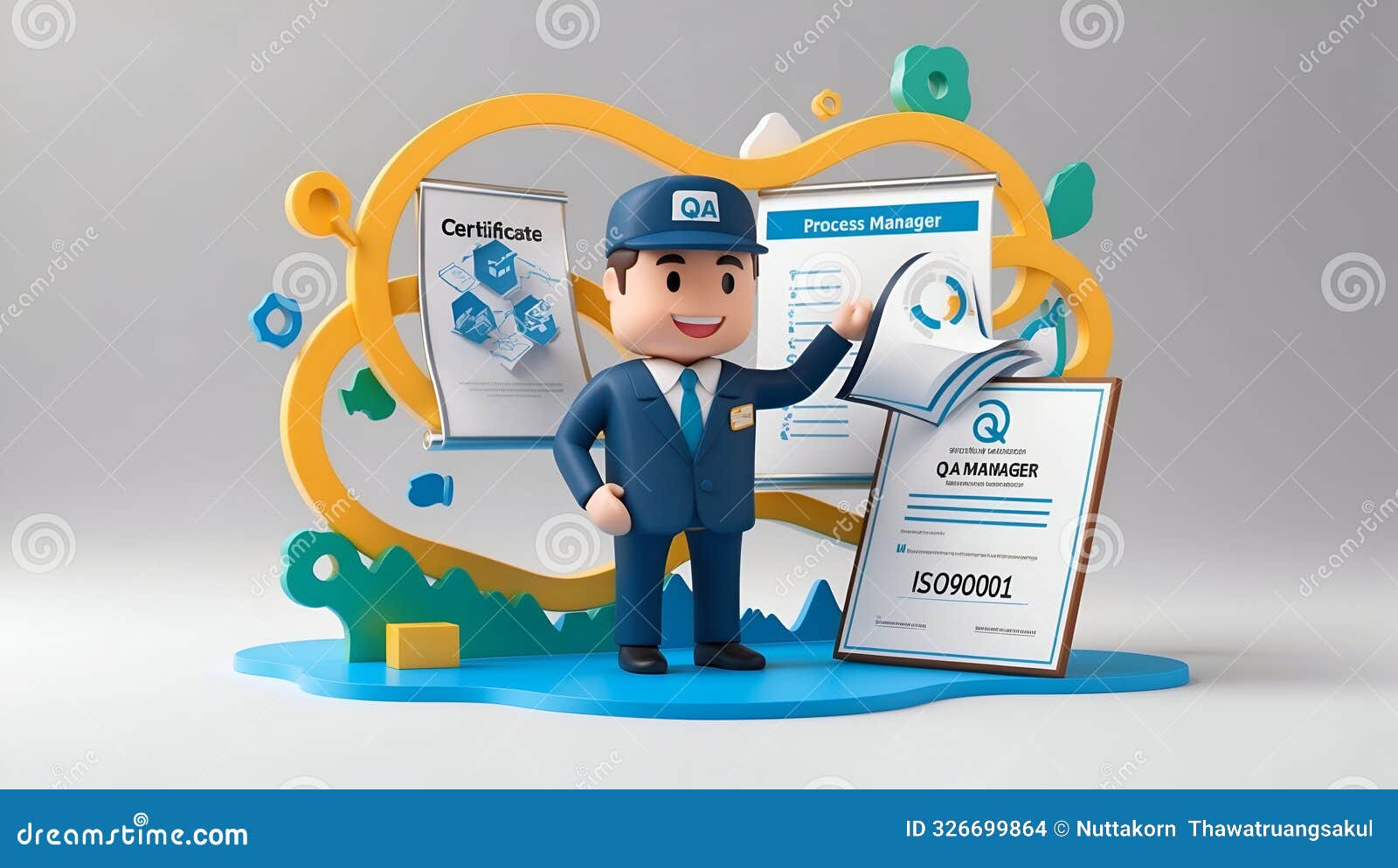 3d Flat Icon As QA Manager with Process Map and Certificate Concept As an Image of a QA Manager ...