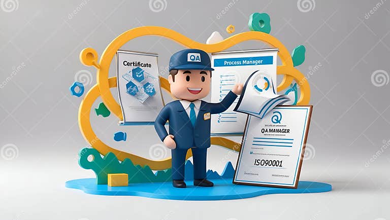3d Flat Icon As QA Manager with Process Map and Certificate Concept As an Image of a QA Manager ...