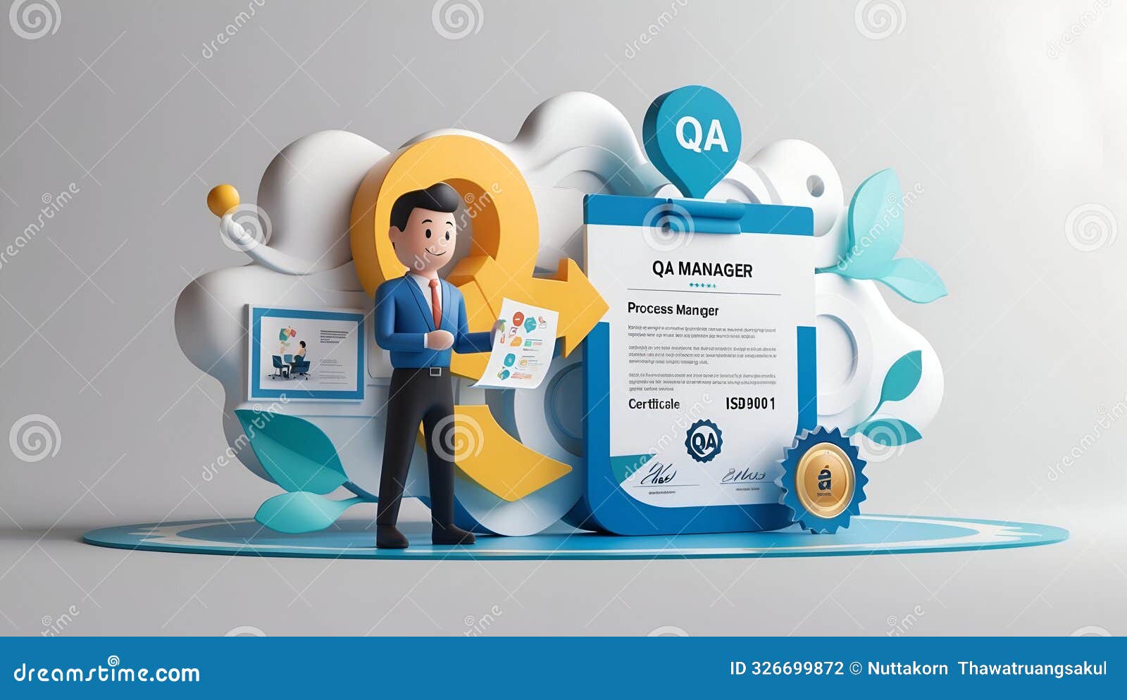 3d Flat Icon As QA Manager with Process Map and Certificate Concept As an Image of a QA Manager ...