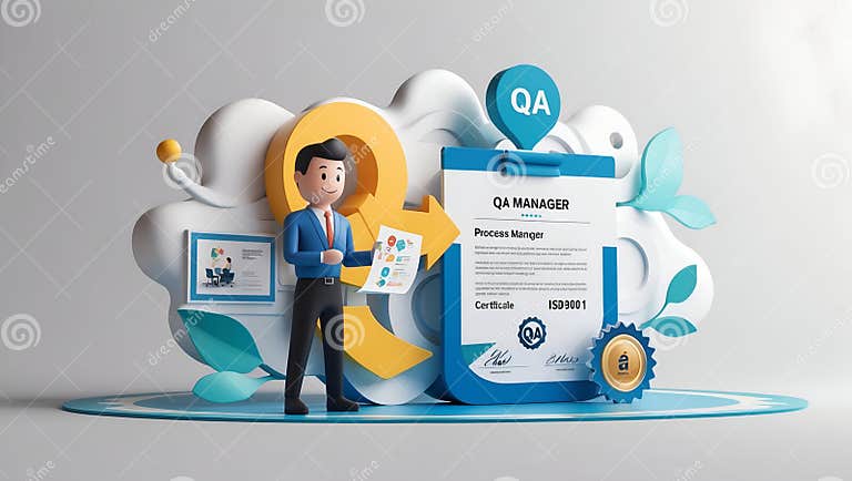 3d Flat Icon As QA Manager with Process Map and Certificate Concept As ...
