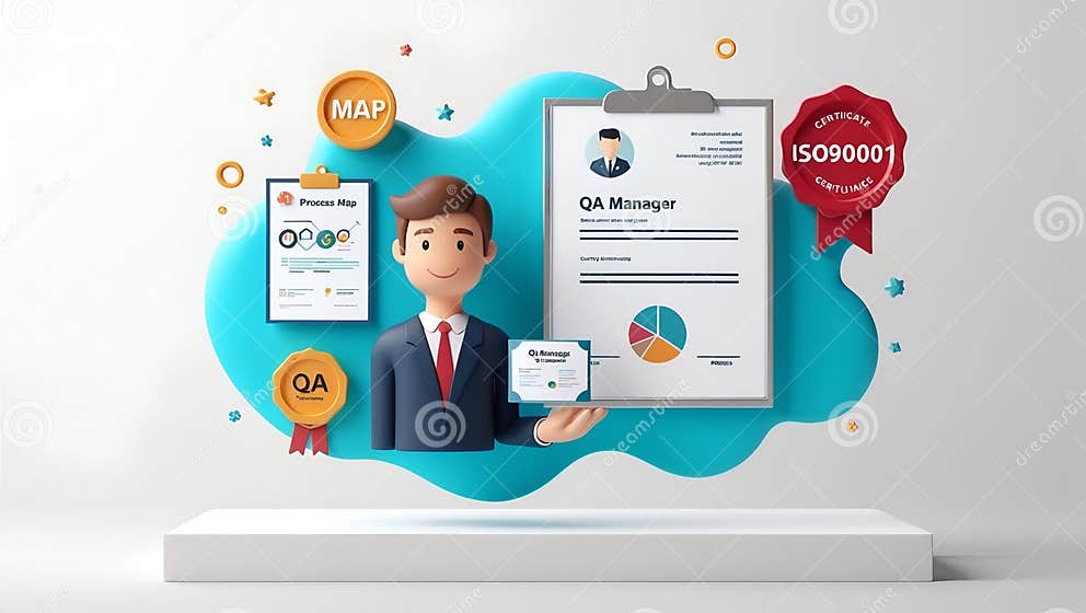 3d Flat Icon As QA Manager with Process Map and Certificate Concept As ...