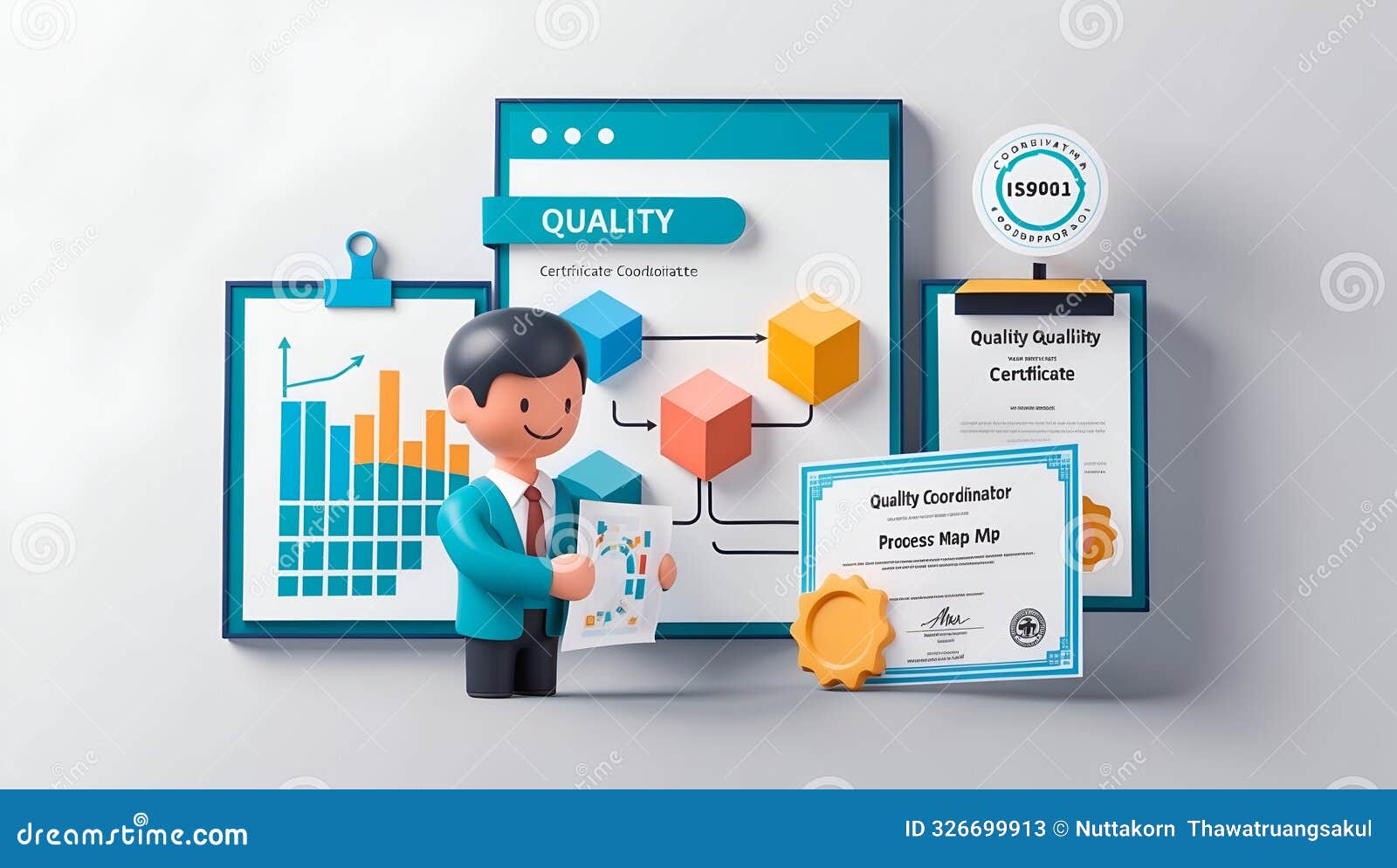 3d Flat Icon As Quality Coordinator with Process Map and Certificate ...