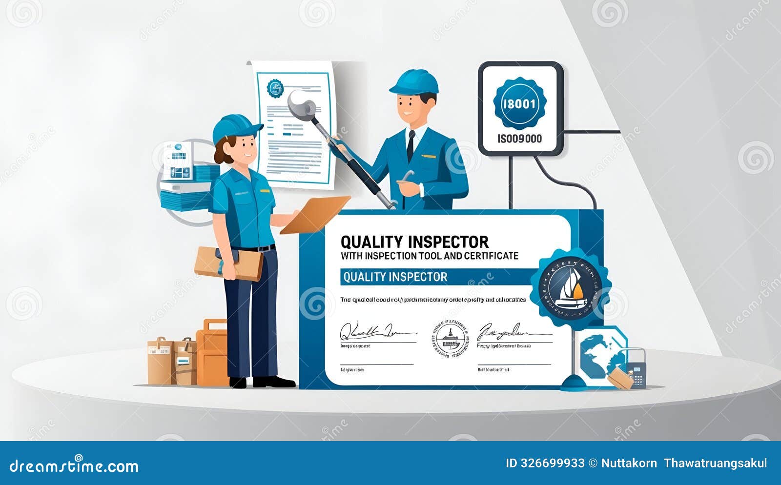 3d Flat Icon As Quality Inspector with Inspection Tool and Certificate ...