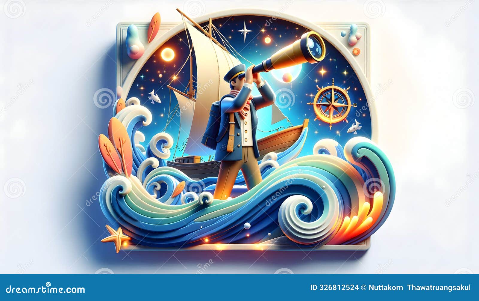 3d Flat Icon As Sailor with Telescope and Map on Floating Ship Concept ...