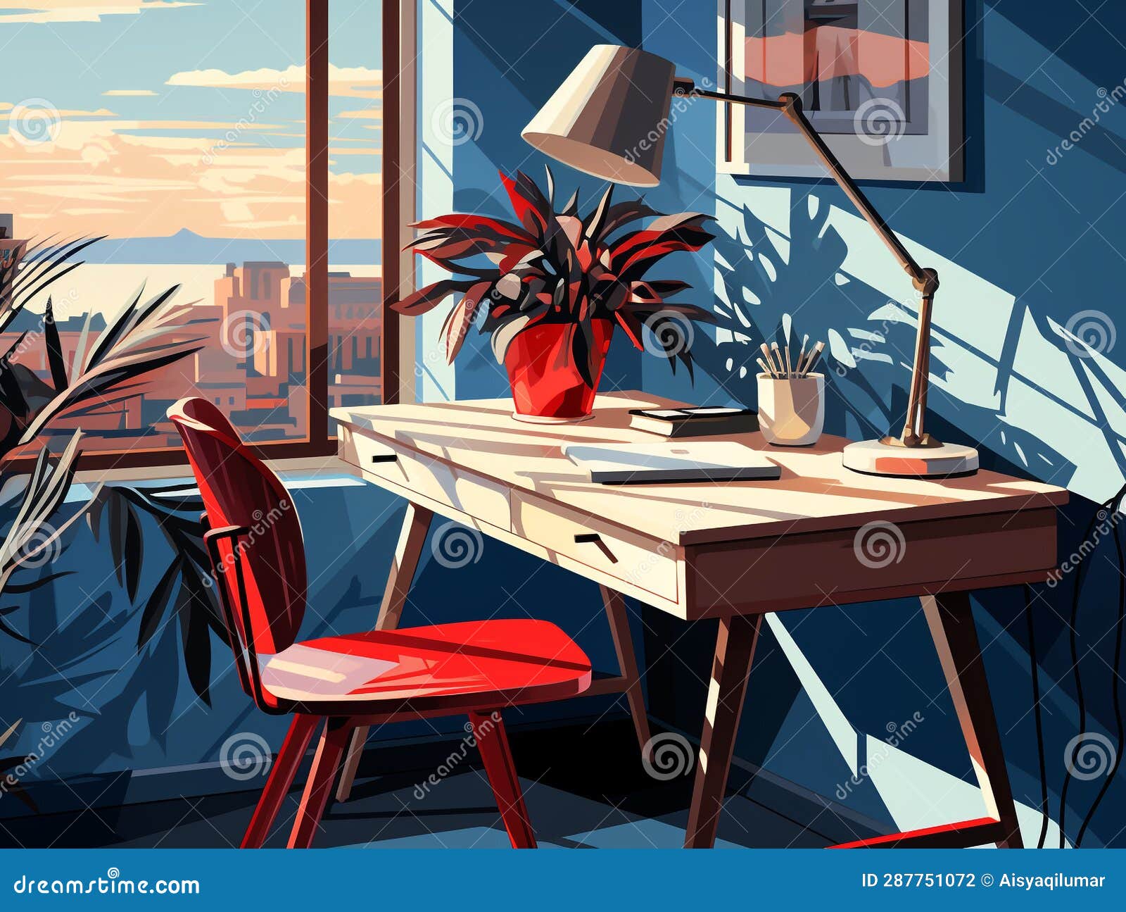 2D Flat Illustration of Modern Design Study Desk. Decorated with Simple ...