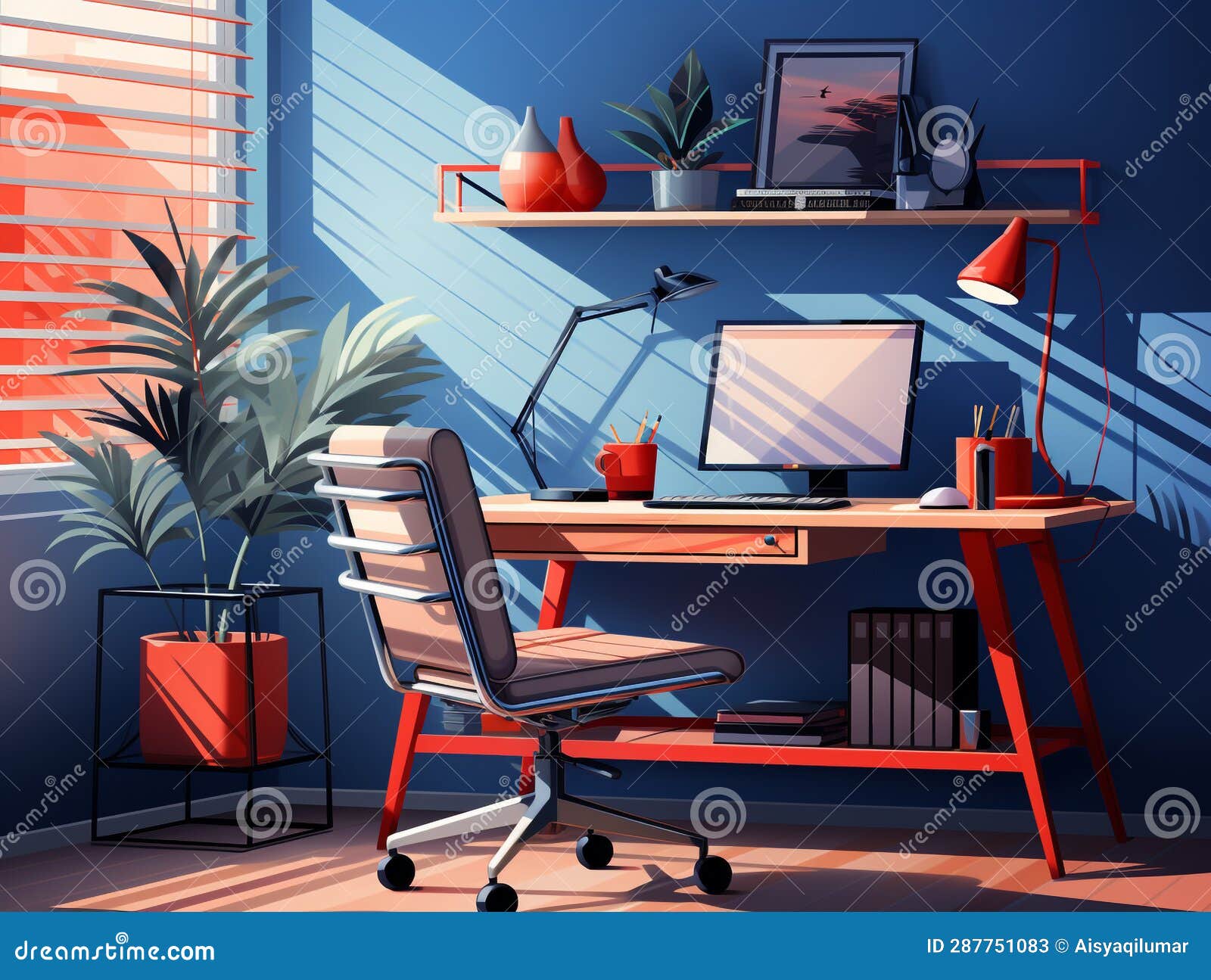 2D Flat Illustration of Modern Design Study Desk. Decorated with Simple ...