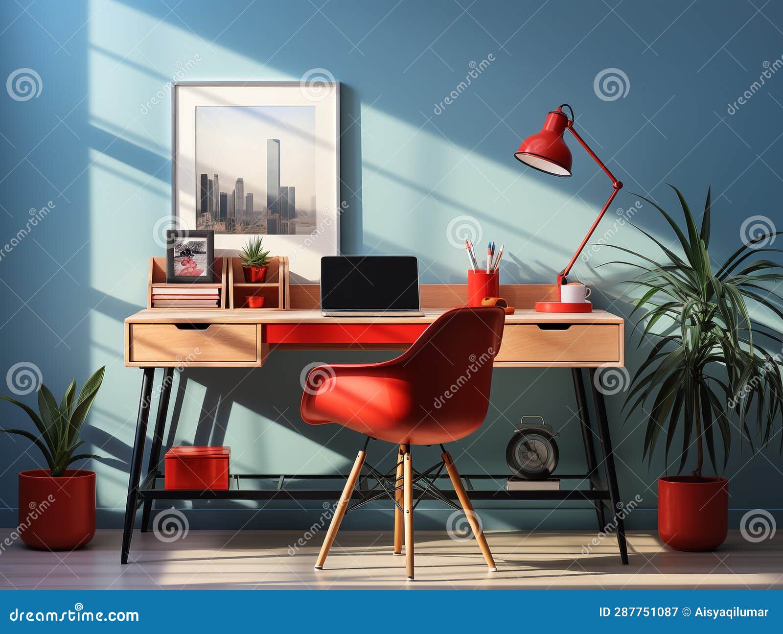 2D Flat Illustration of Modern Design Study Desk. Decorated with Simple ...