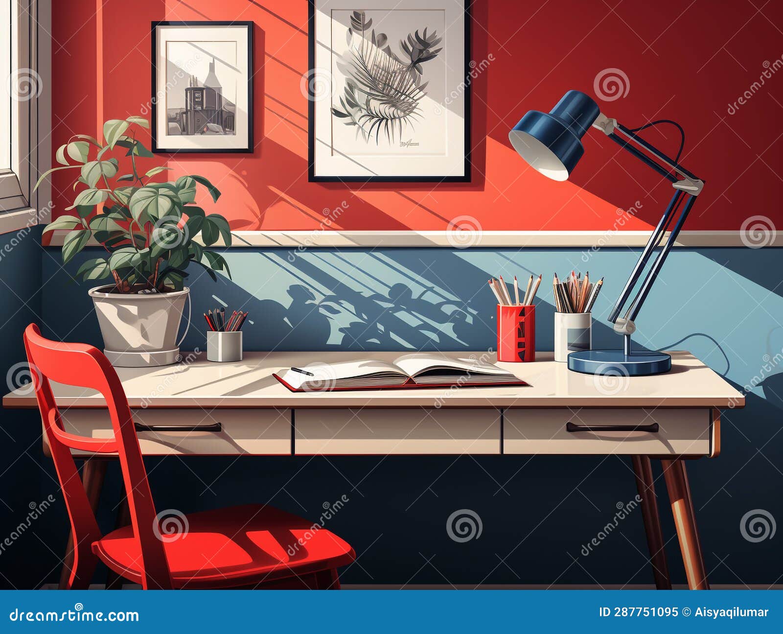 2D Flat Illustration of Modern Design Study Desk. Decorated with Simple ...