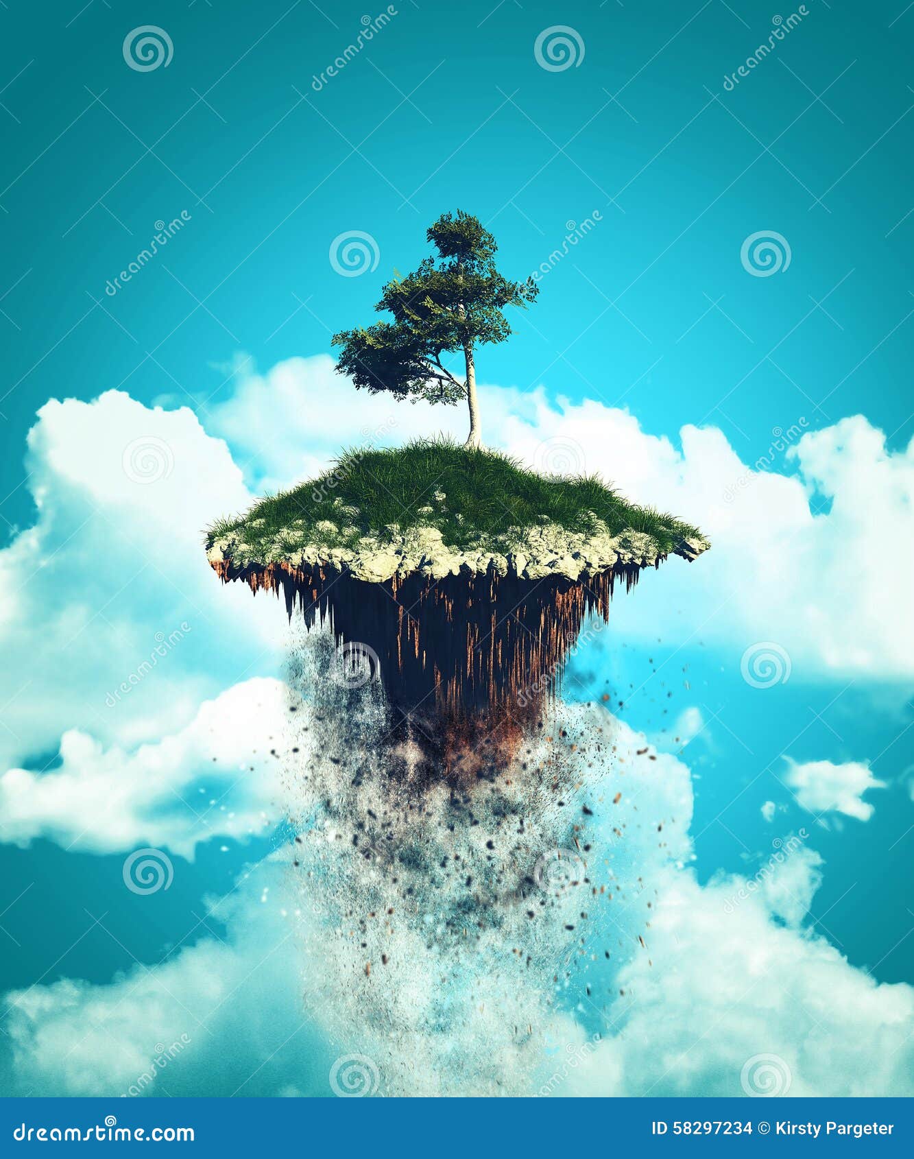 3D Floating Island Exploding into the Sky Stock Illustration ...