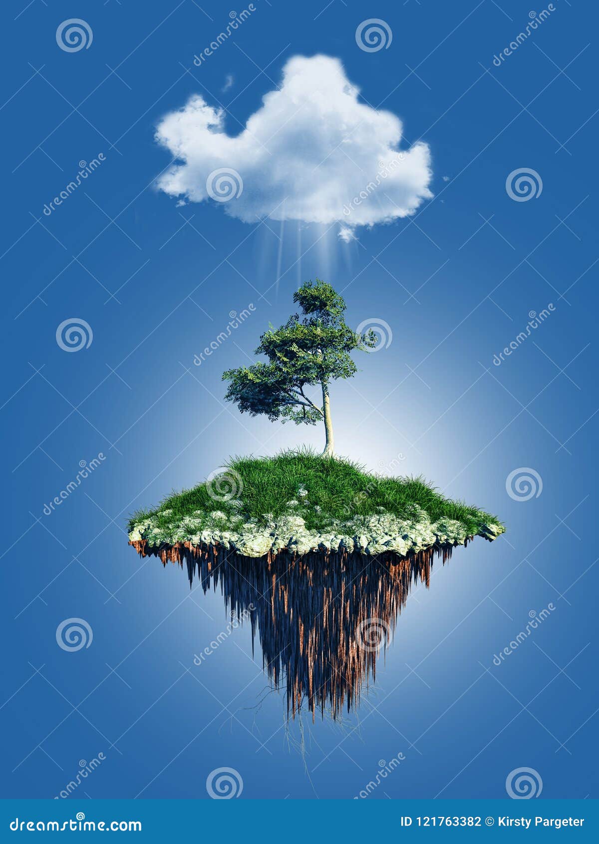 3D Floating Tree Island Under a Cloud Stock Illustration - Illustration ...