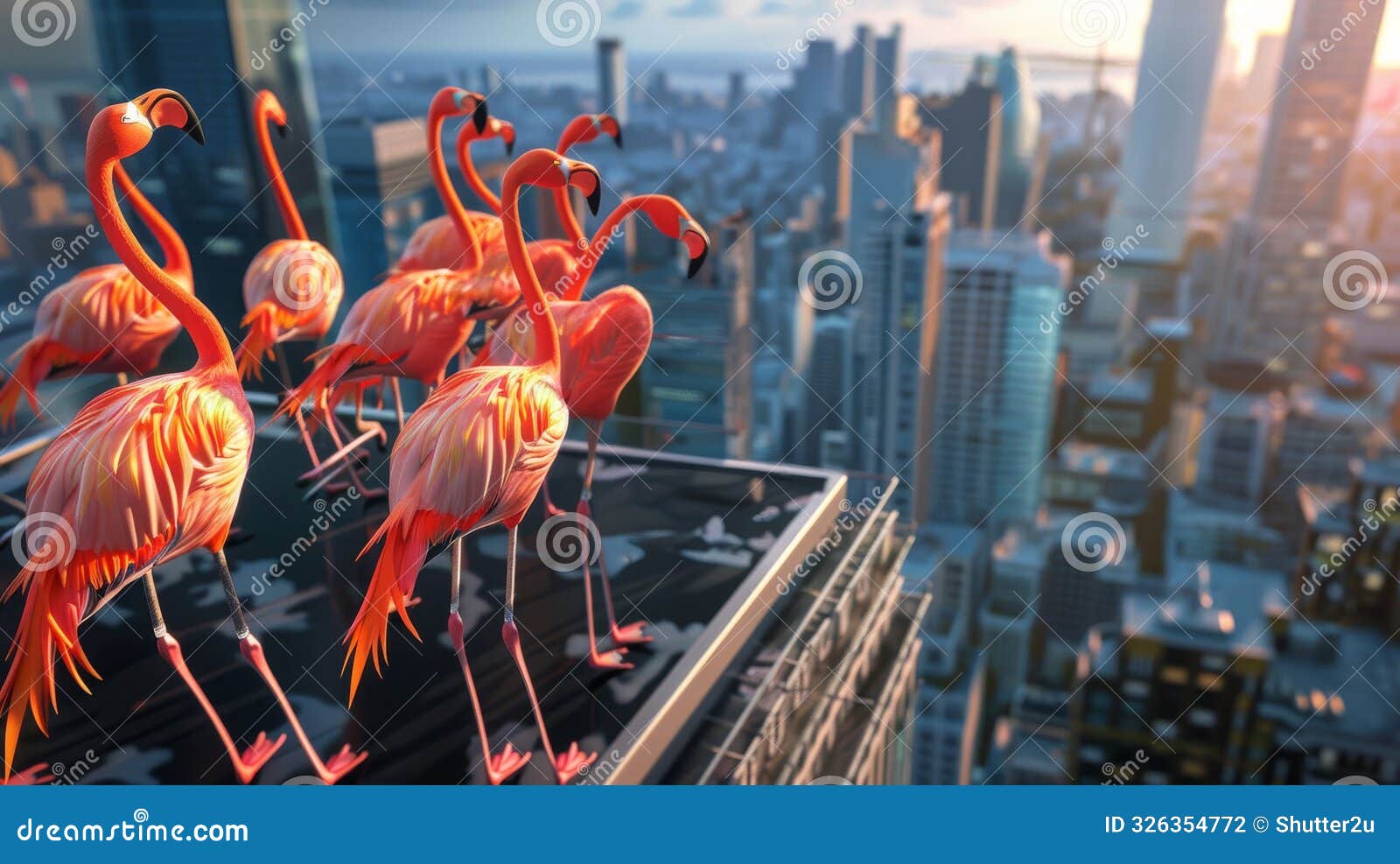 3D Flock of Flamingos Dancing on the Rooftop of a Skyscraper Stock ...