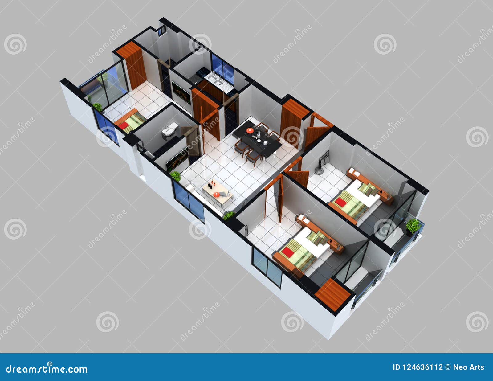 3D Floor Plan of a Residential Unit Stock Illustration - Illustration ...