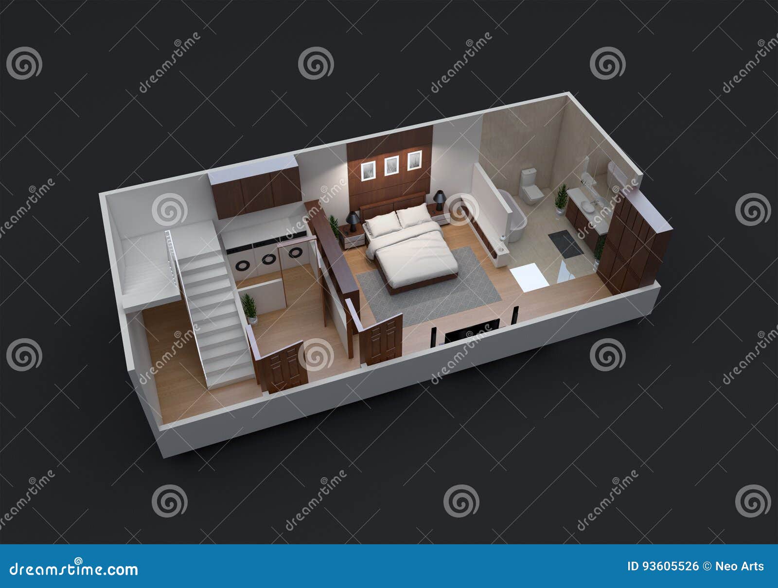 3D Floor Plan of Small Apartment Unit Stock Illustration - Illustration ...