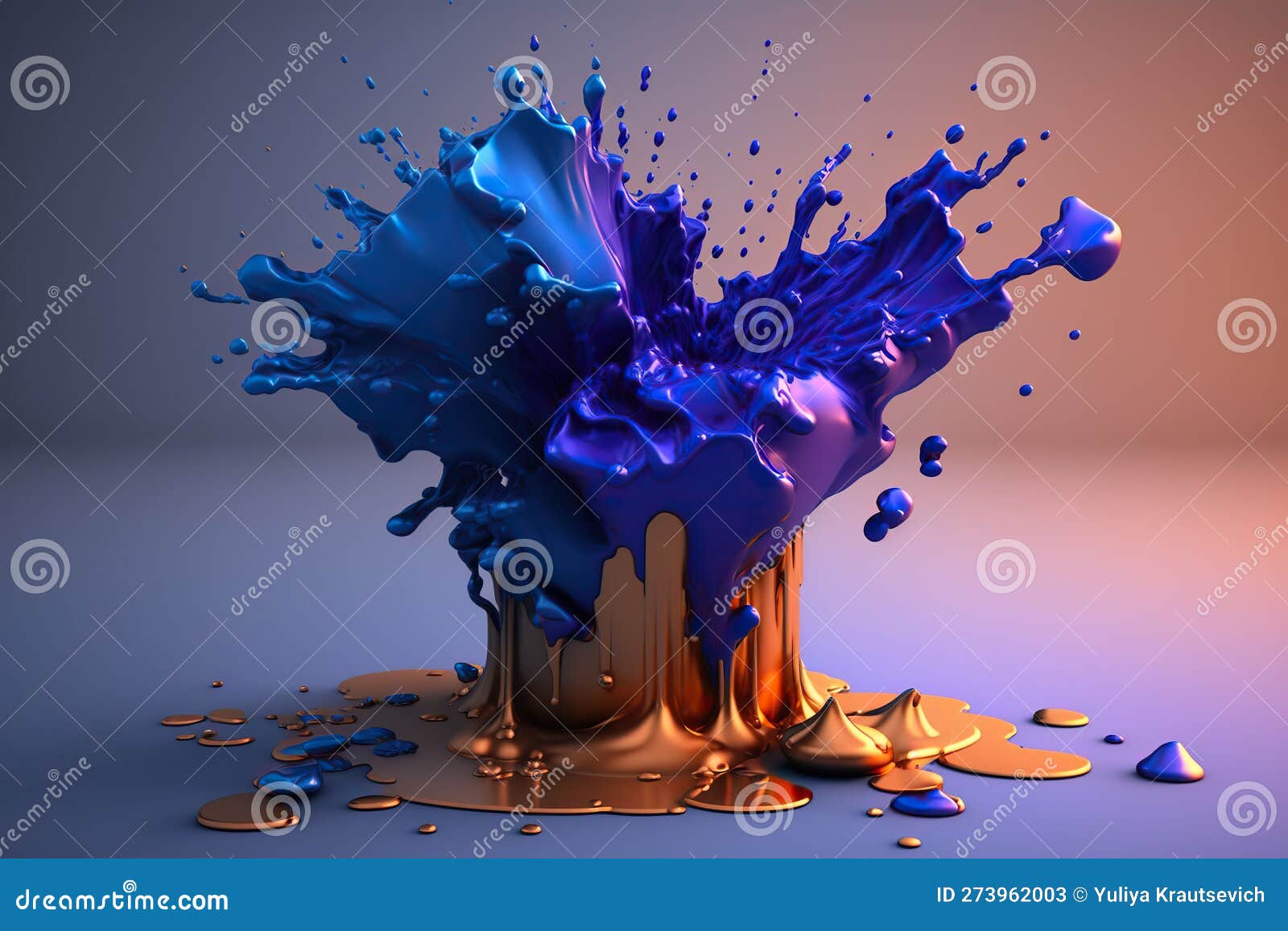 3d Fluid Brush Strokes. Explosion of Blue and Golden Paint Drips Stock ...
