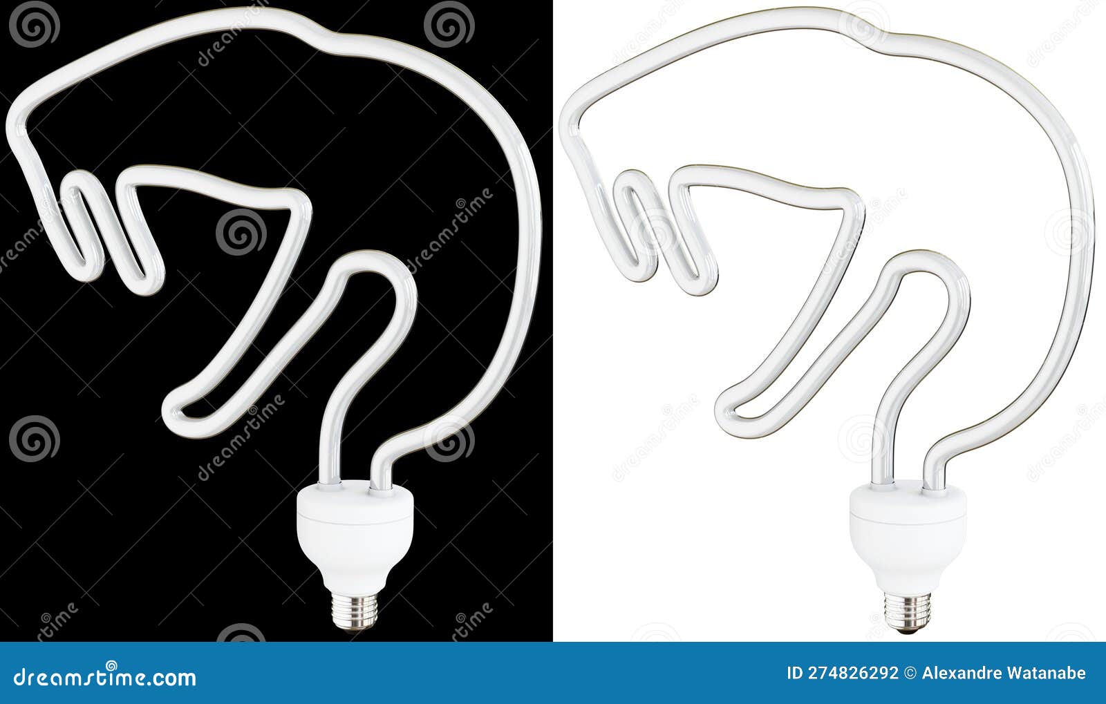 3D Fluorescent Lightbulb Shaped As a Snake Isolated on Black and White ...