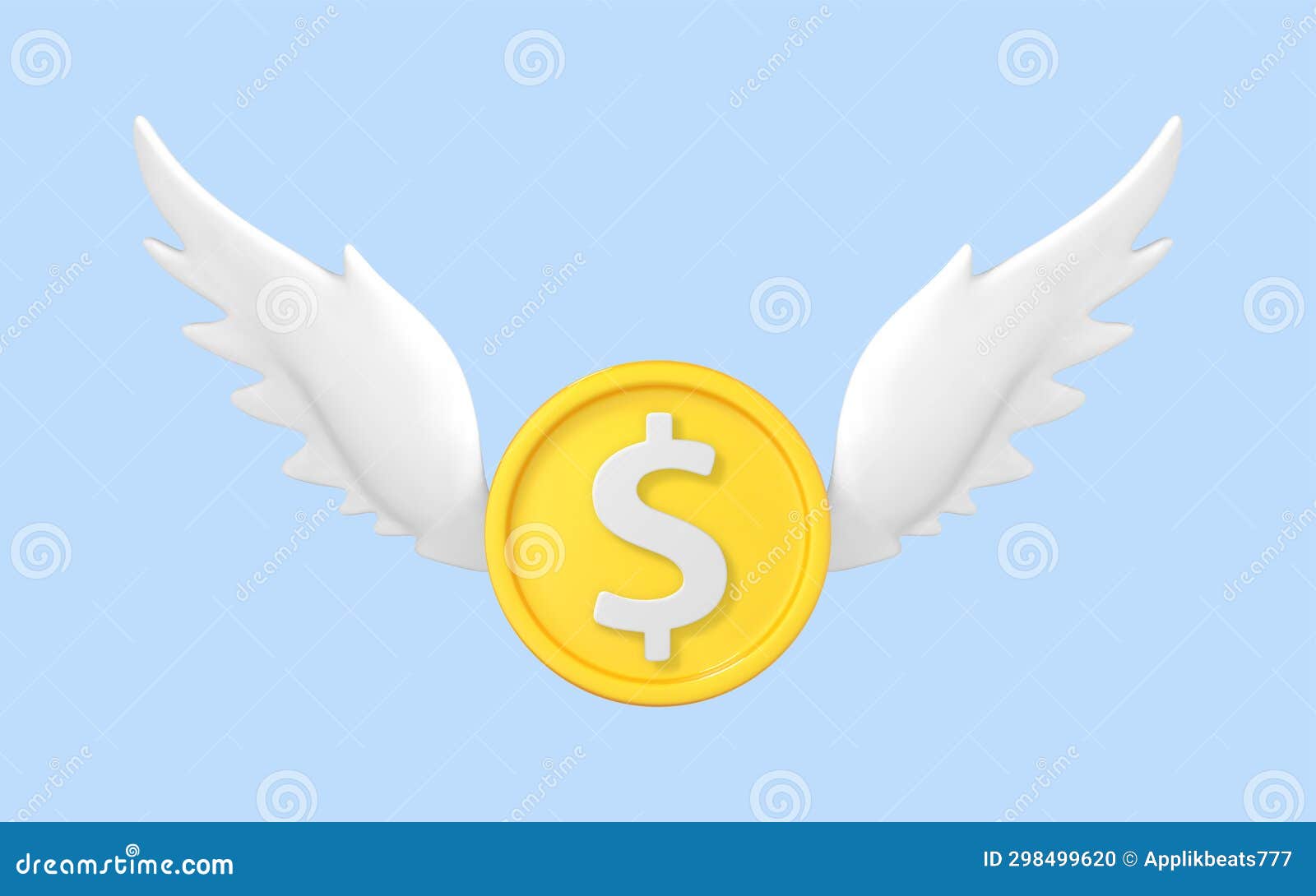 3D Flying Coin with White Wings Isolated on Blue Background. Vector 3d ...