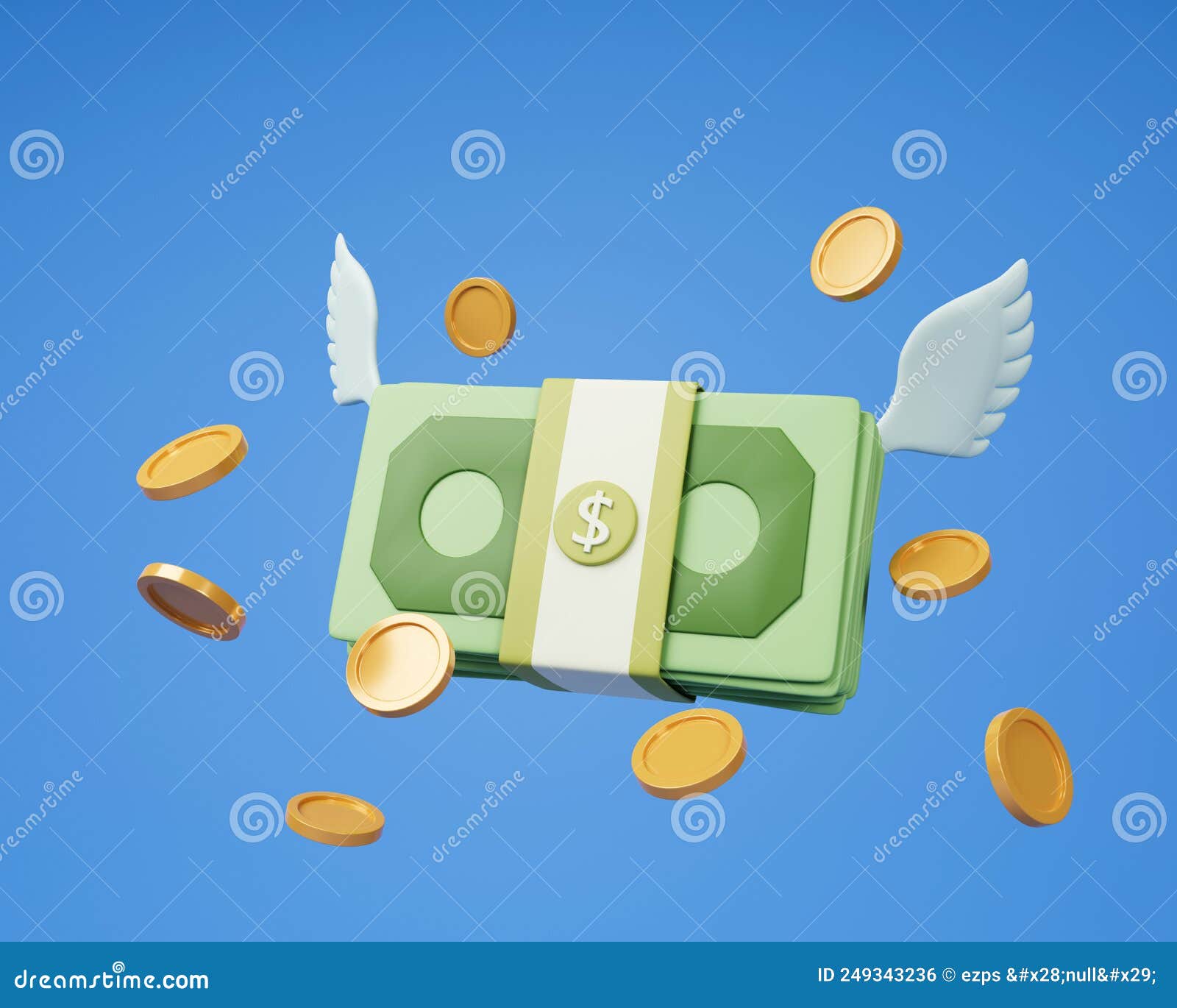 3D Flying Stack of Money on Blue Background Stock Illustration ...