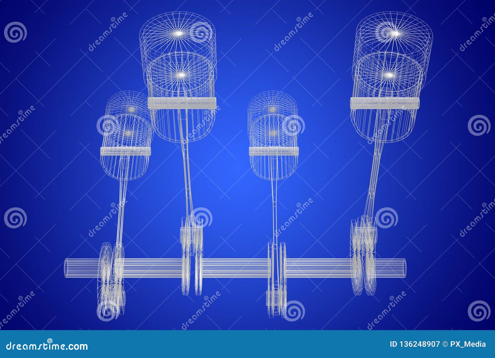 3D Four-cylinder Car Engine, Blueprint, Wireframe Stock Illustration ...