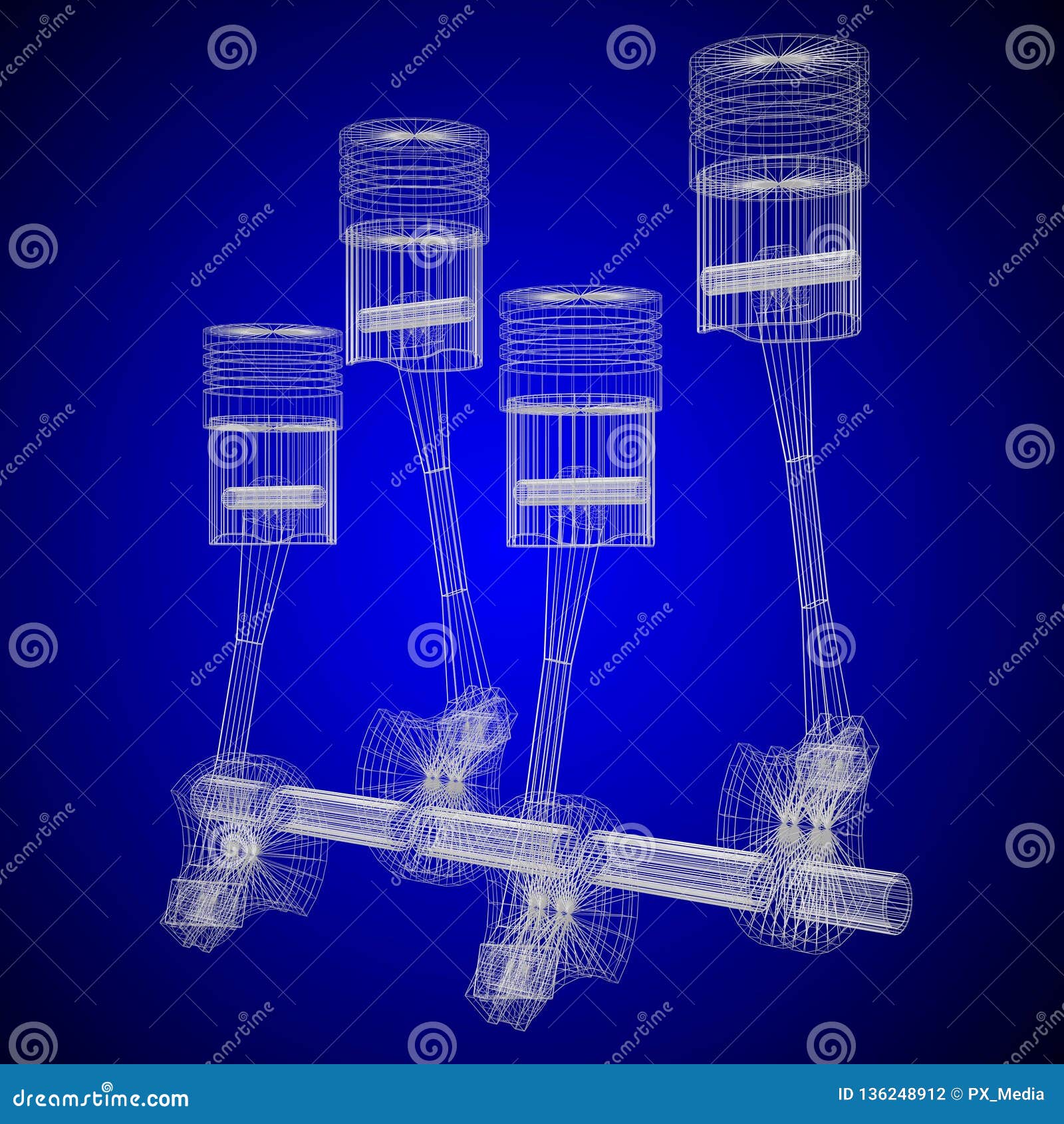 3D Four-cylinder Car Engine, Blueprint, Wireframe Stock Illustration ...