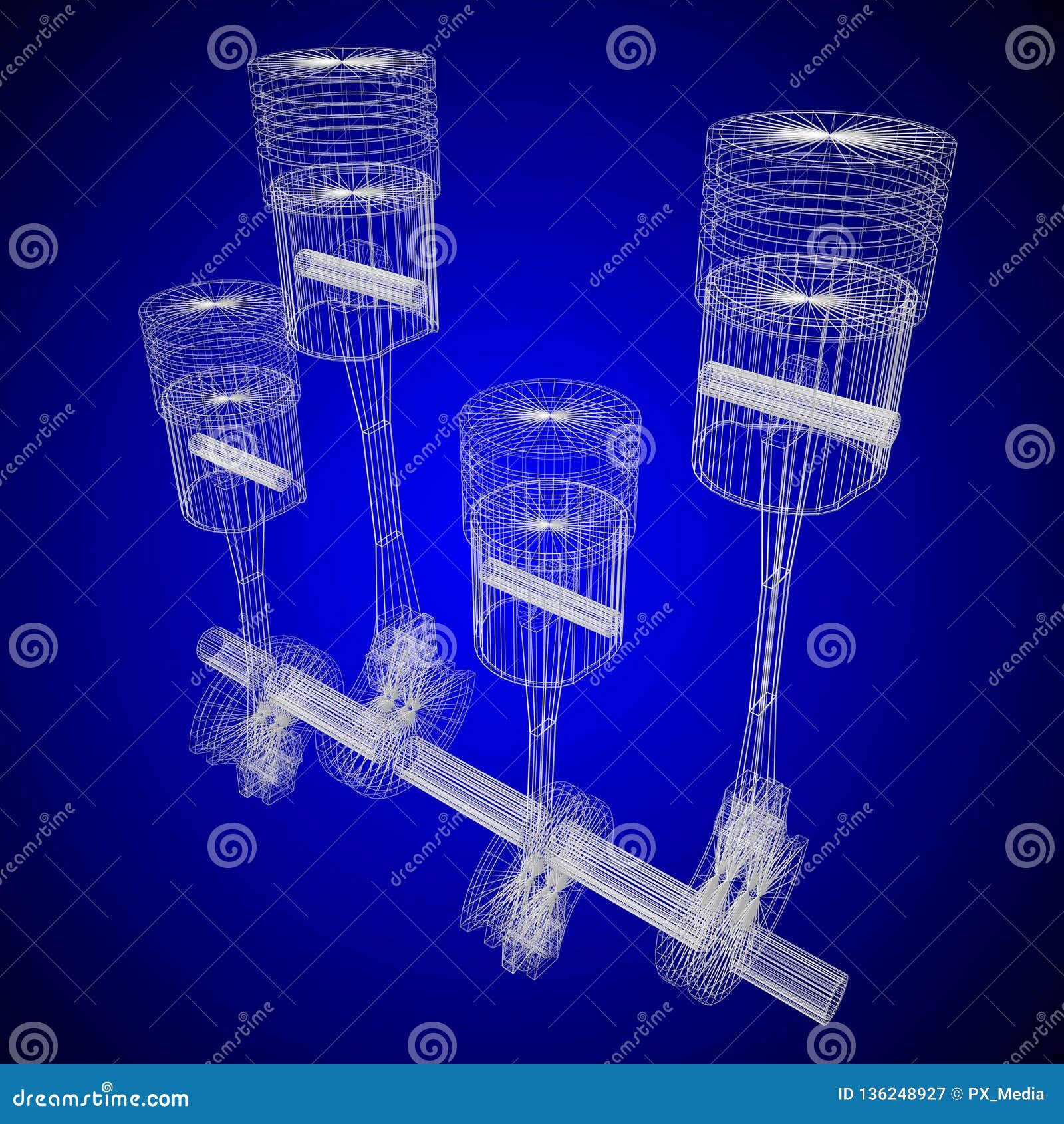 3D Four-cylinder Car Engine, Blueprint, Wireframe Stock Illustration ...