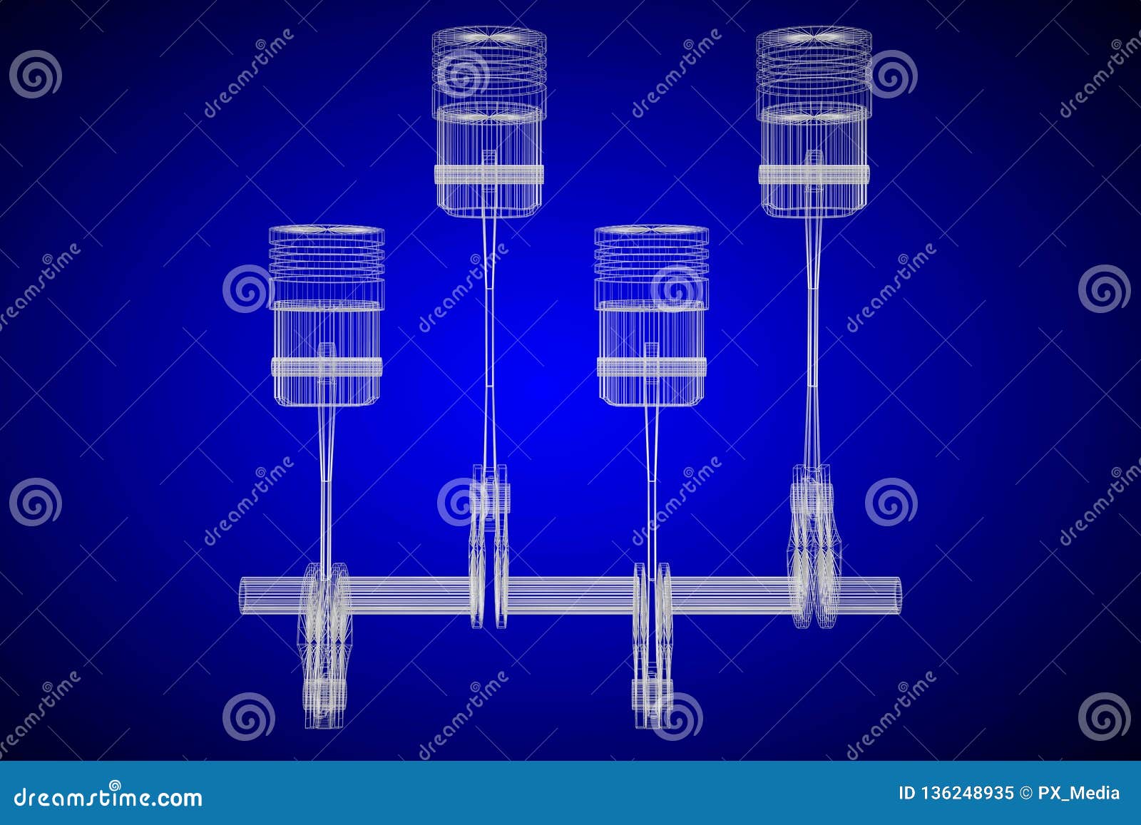 3D Four-cylinder Car Engine, Blueprint, Wireframe Stock Illustration ...