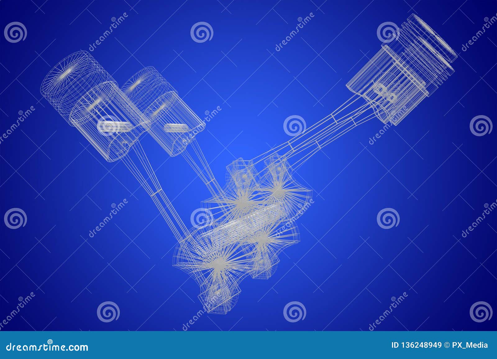 3D Four-cylinder Car Engine, Blueprint, Wireframe Stock Illustration ...