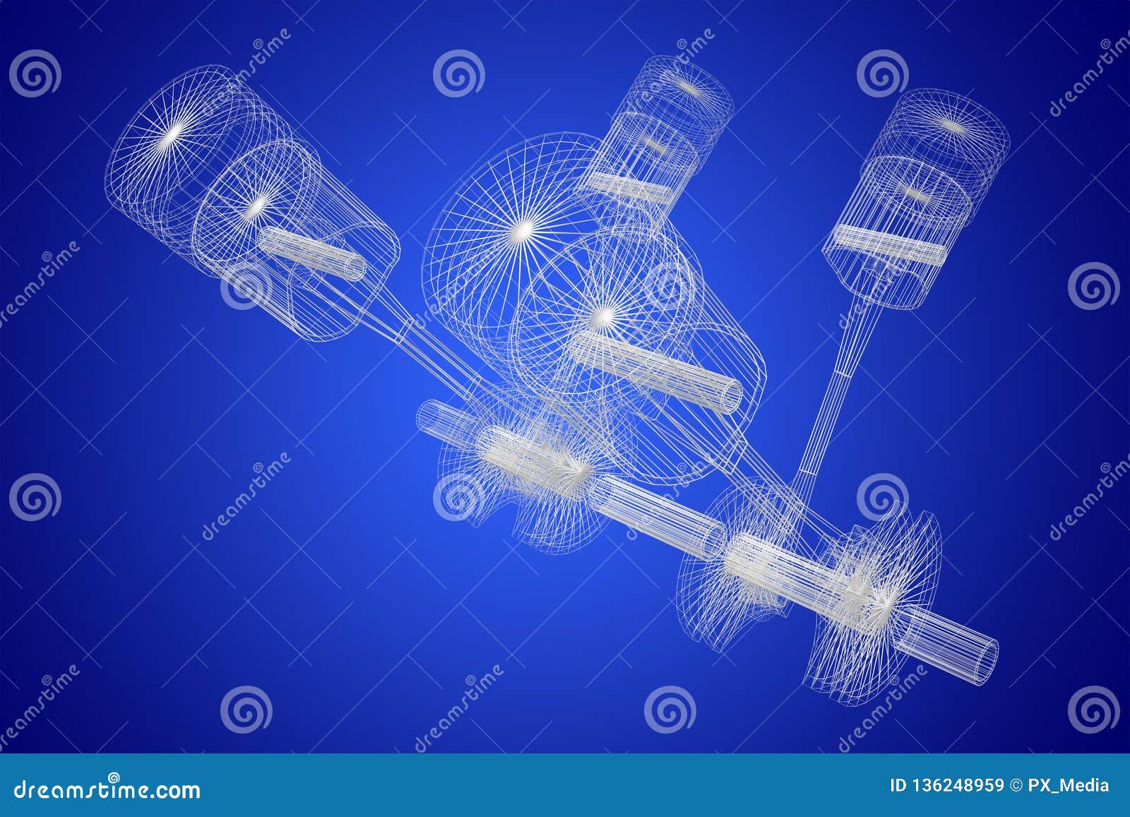 3D Four-cylinder Car Engine, Blueprint, Wireframe Stock Illustration ...