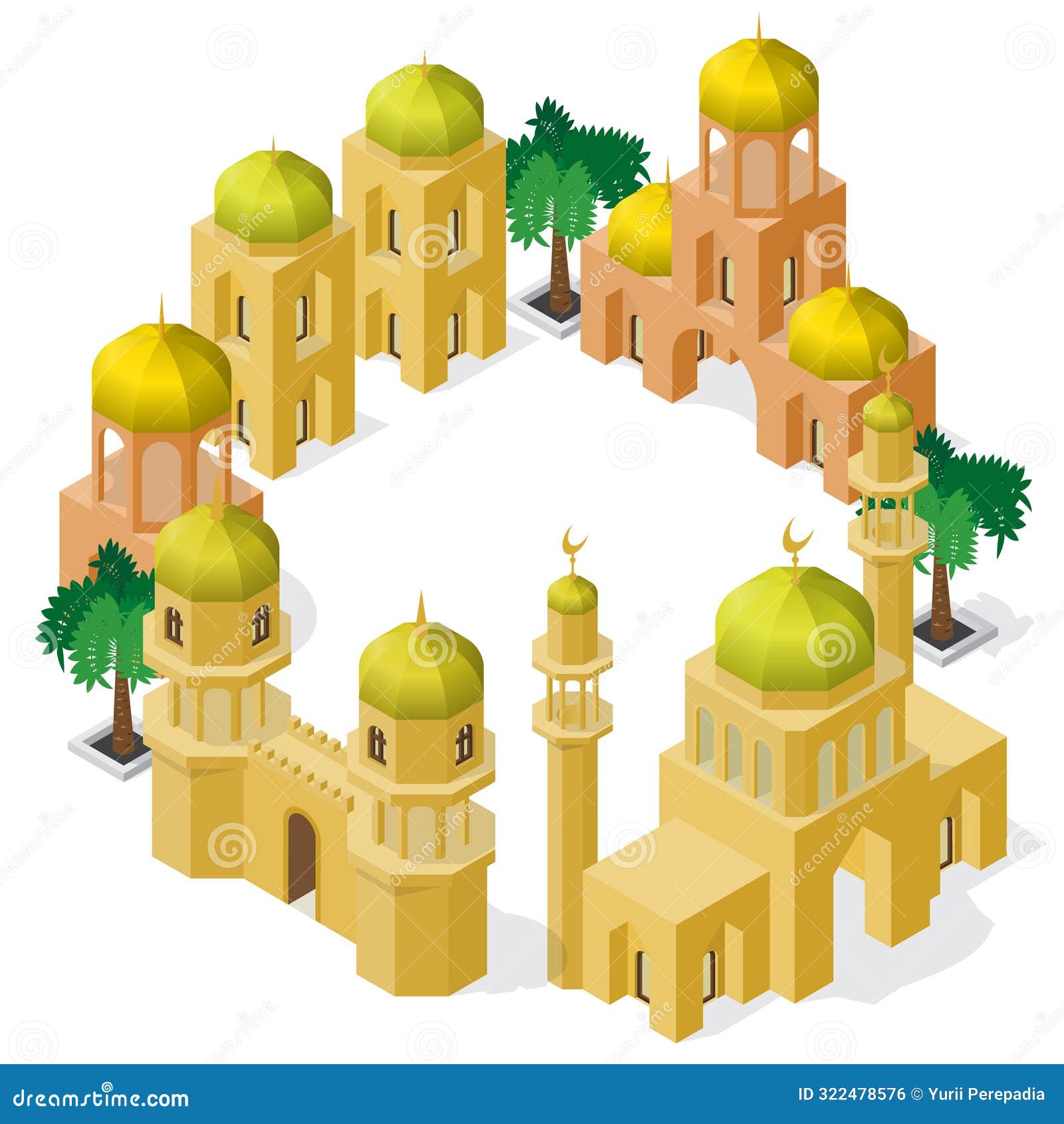 3D Frame Of Isometric Models With Golden Domes. Set Of Ancient ...