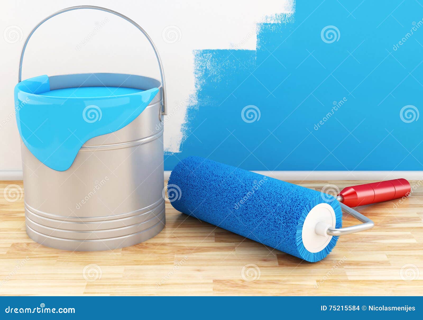 3d Full Paint Bucket with Roller. Stock Illustration - Illustration of ...