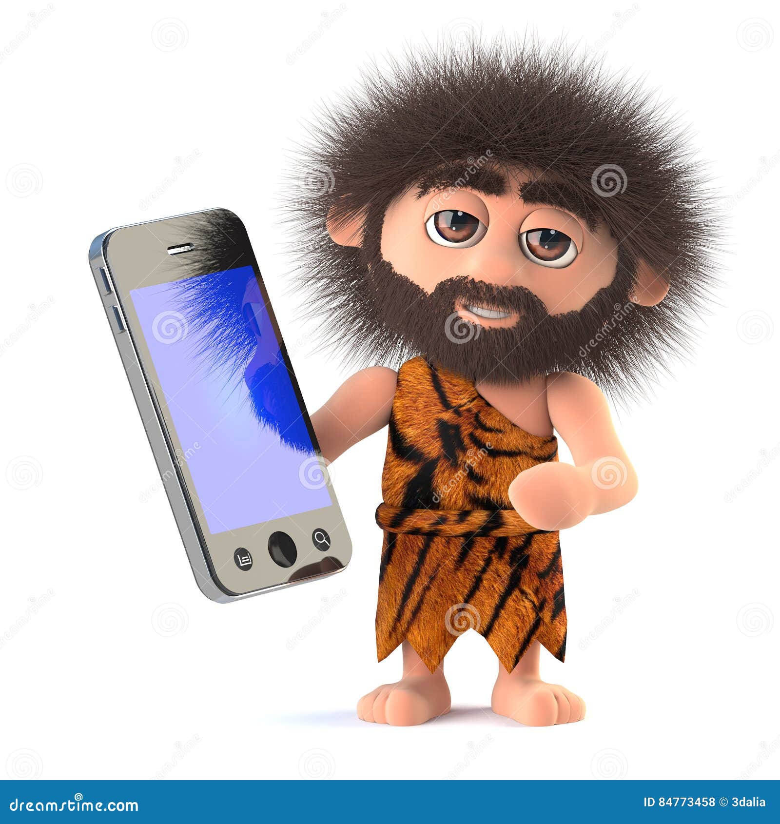 3d Funny Cartoon Caveman Character Has a Smartphone Tablet Device Stock ...
