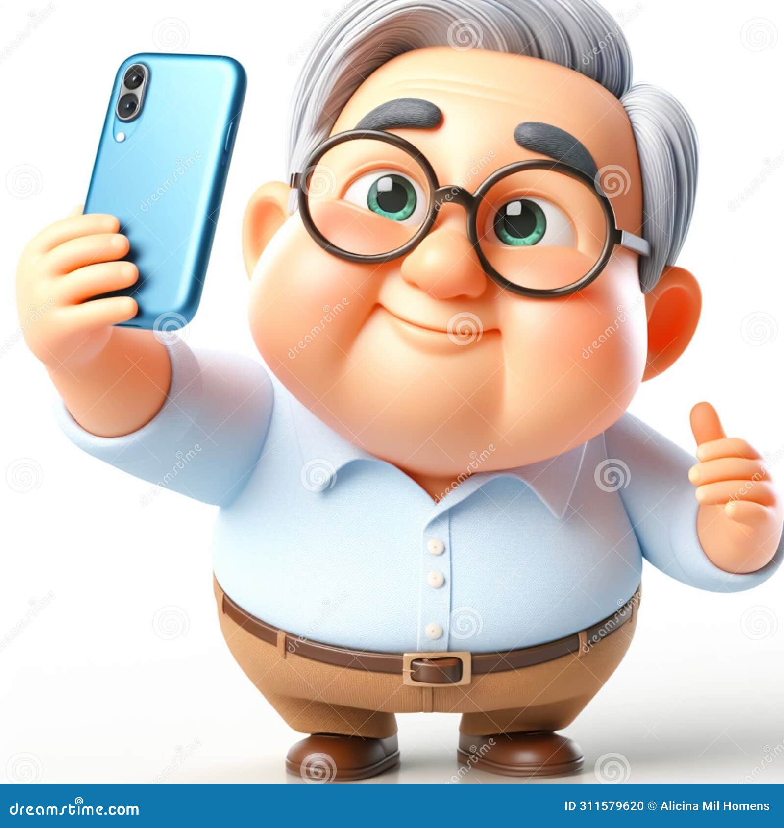 3D Funny Cartoon of Chubby Elderly Man Taking Selfie with Cell Phone ...