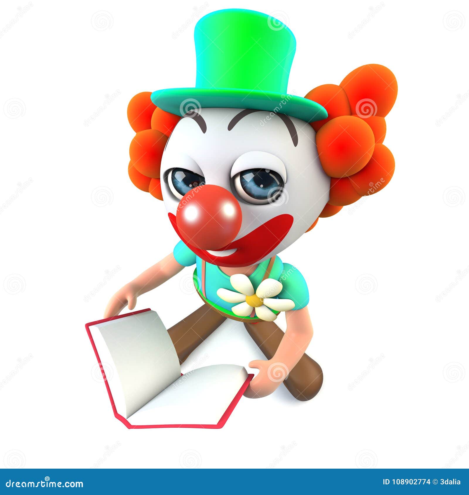 3d Funny Cartoon Clown Character Reading a Book Stock Illustration ...