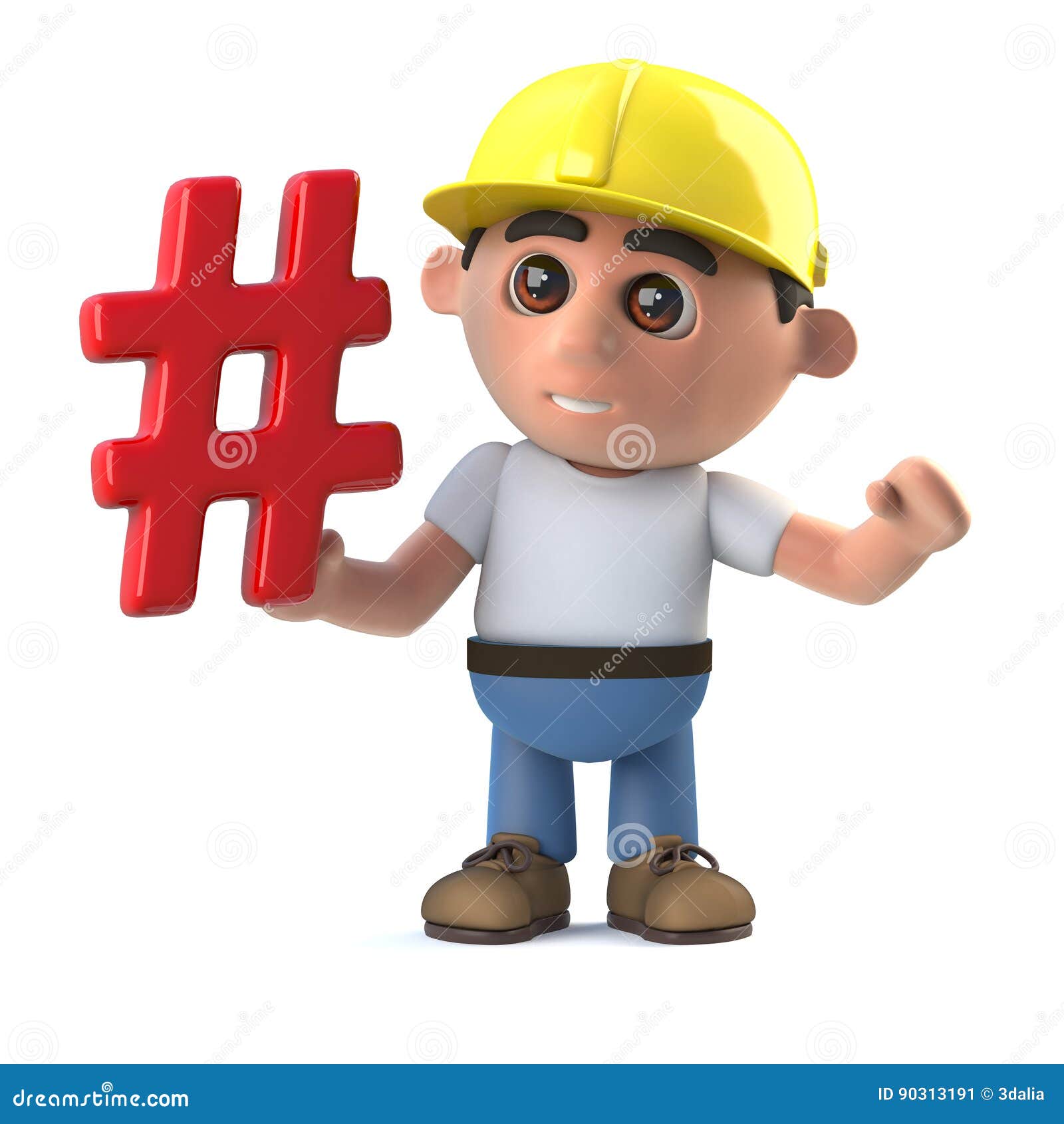 3d Funny Cartoon Construction Worker Character Has a Hashtag Symbol ...