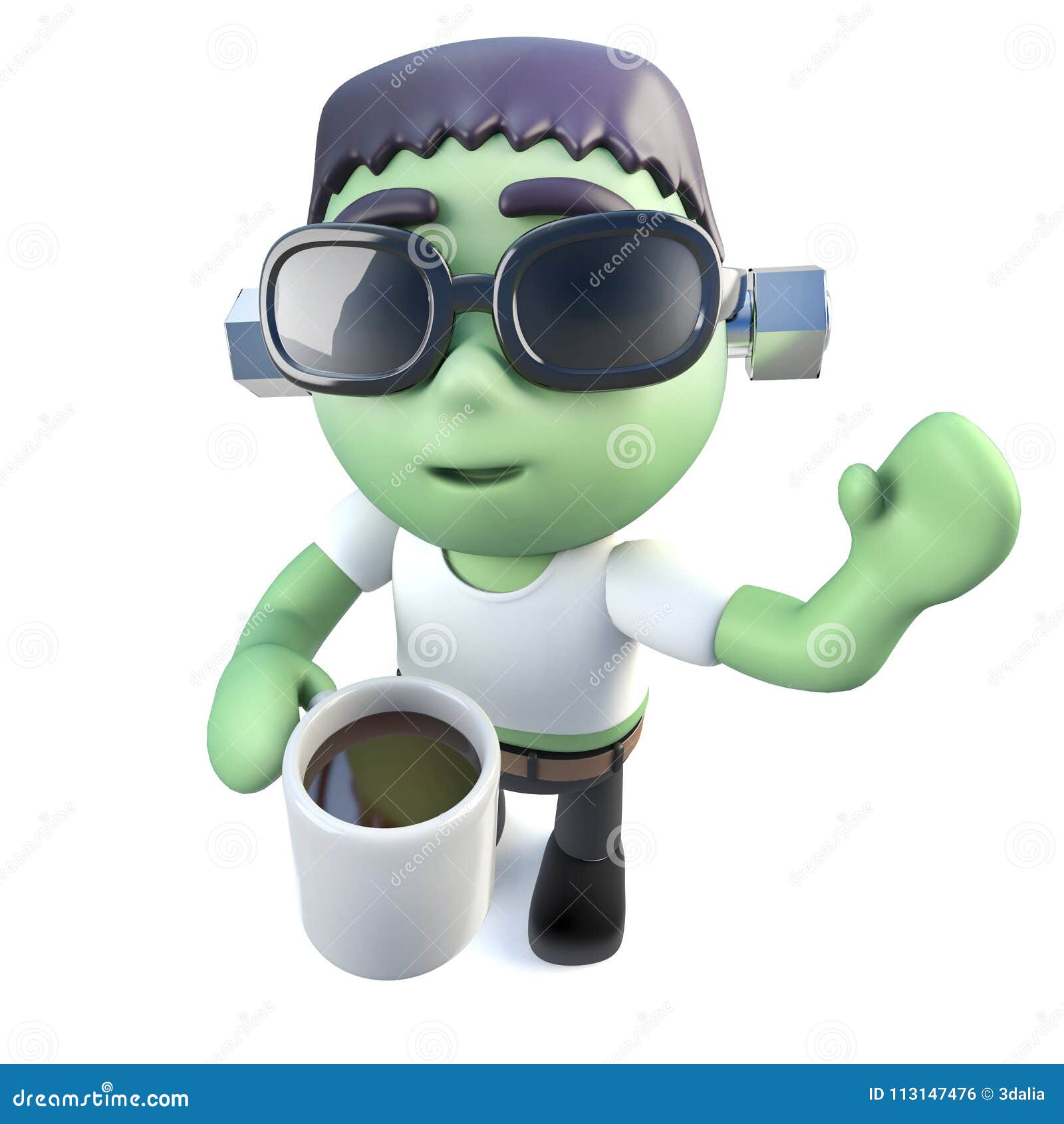 3d Funny Cartoon Frankenstein Monster Character Drinking Coffee from a ...