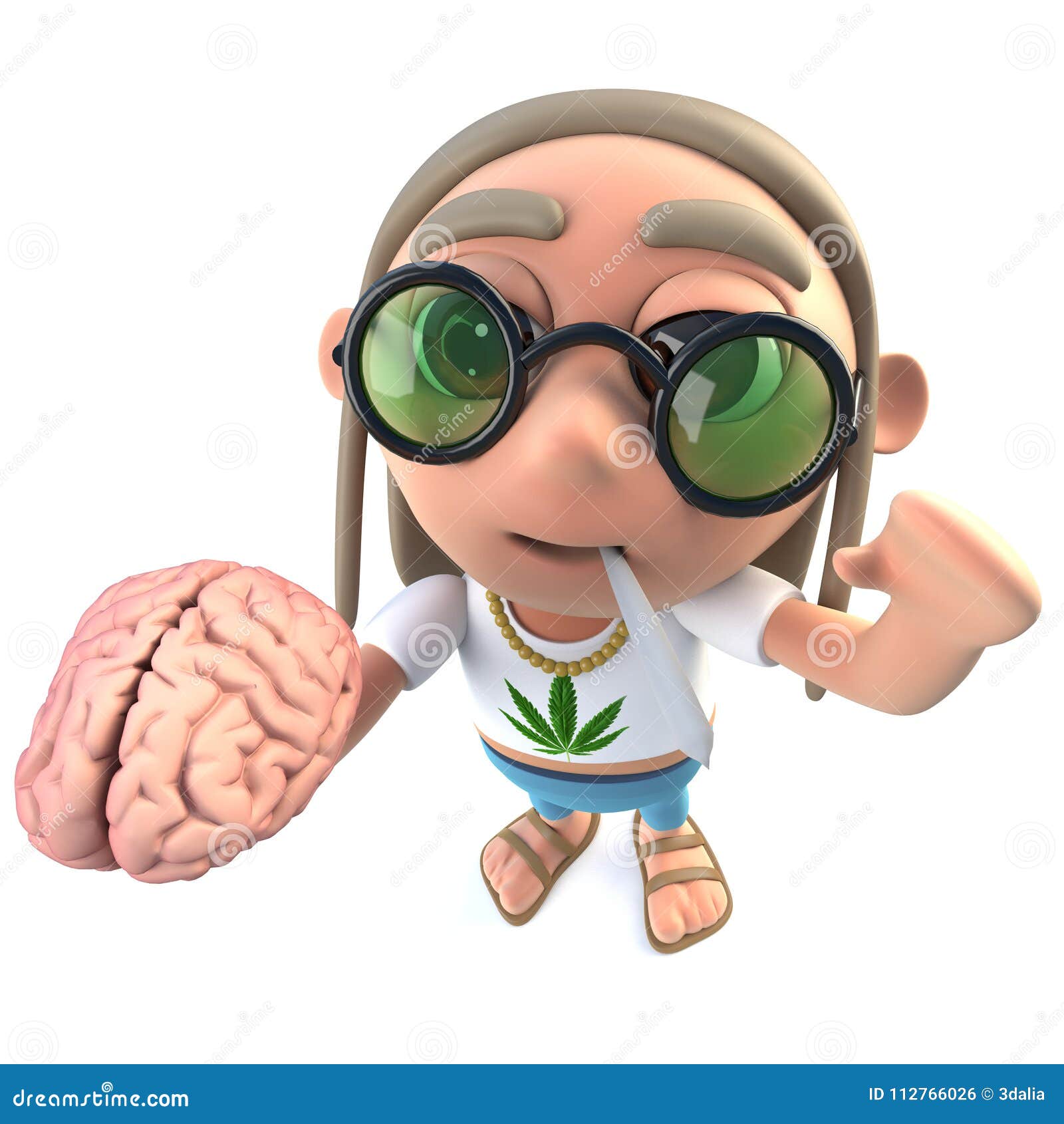 3d Funny Cartoon Hippy Stoner Character Holding a Human Brain Stock ...