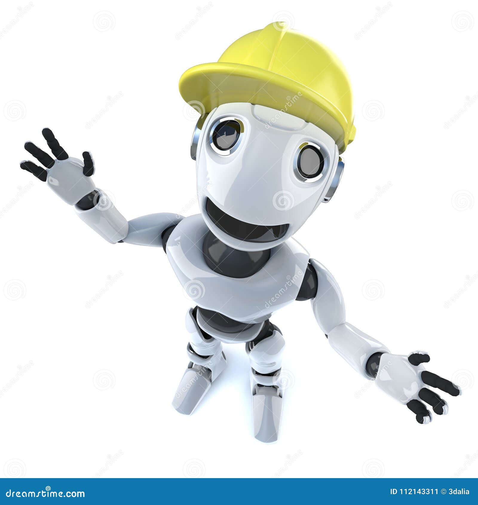 3d Funny Cartoon Mechanical Robot Characte Wearing a Builders Hard Hat ...