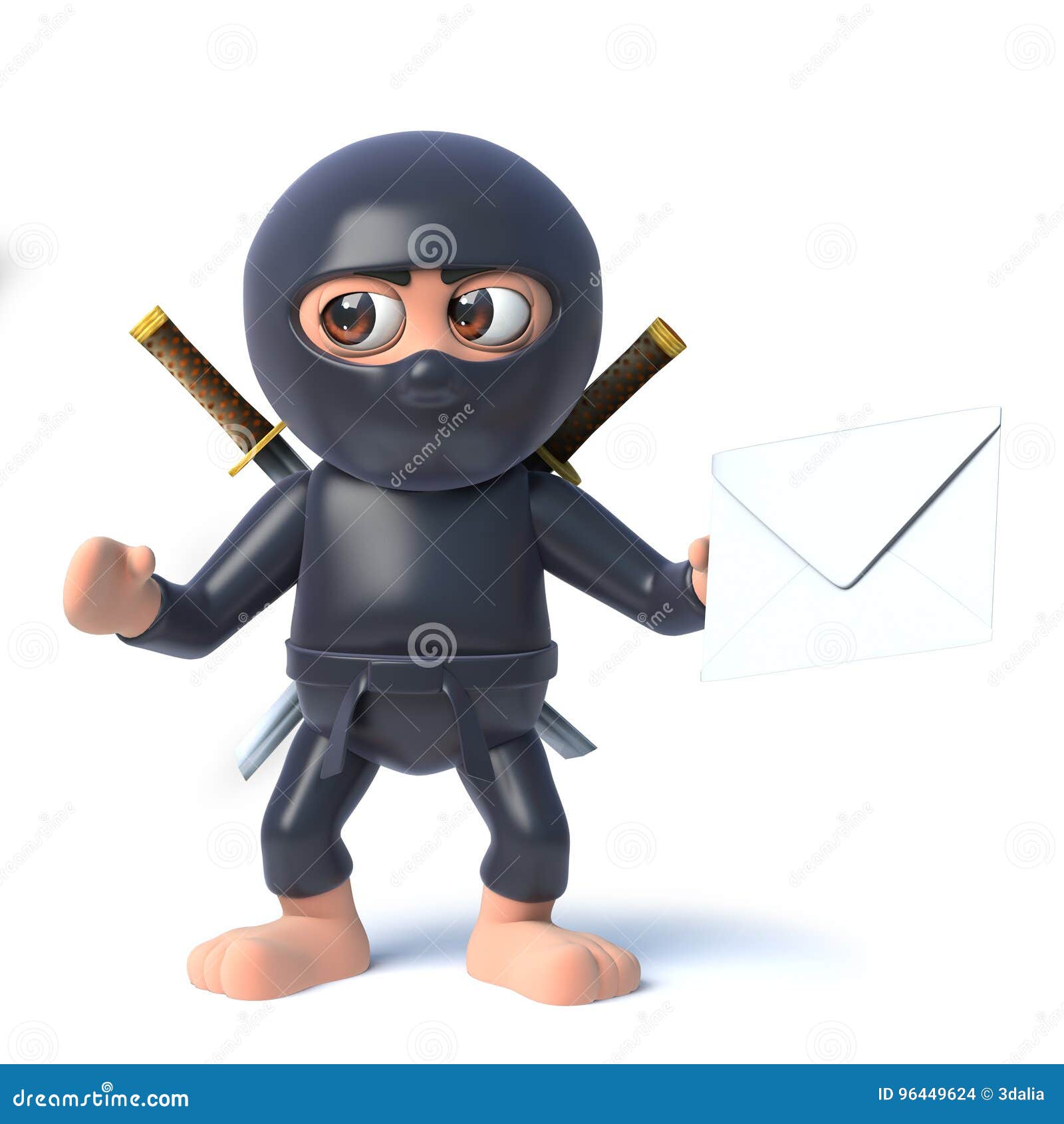 3d Funny Cartoon Ninja Assassin Warrior Character Holding an Envelope ...