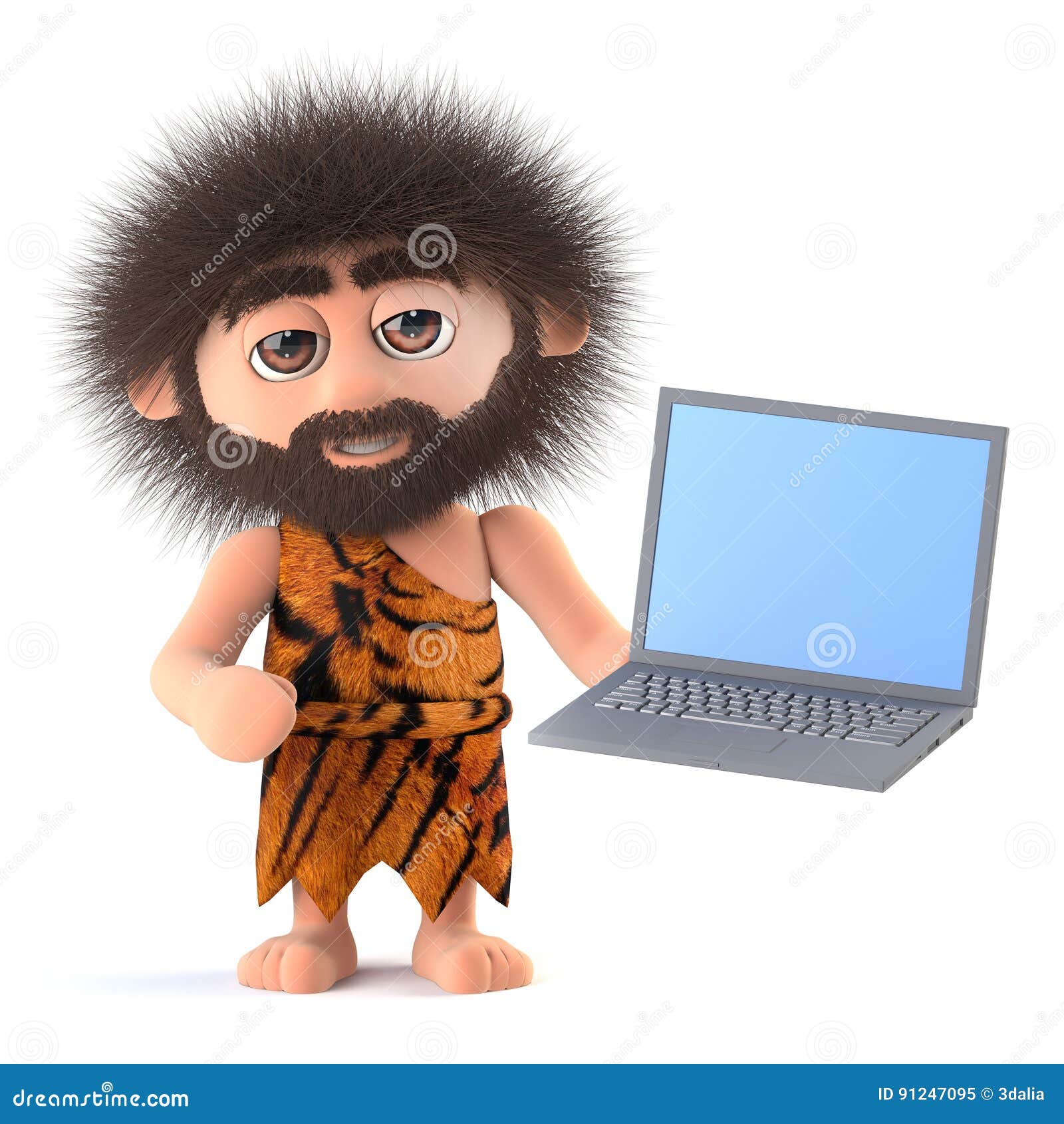 3d Funny Cartoon Primitive Caveman Character Holds a Laptop Computer ...