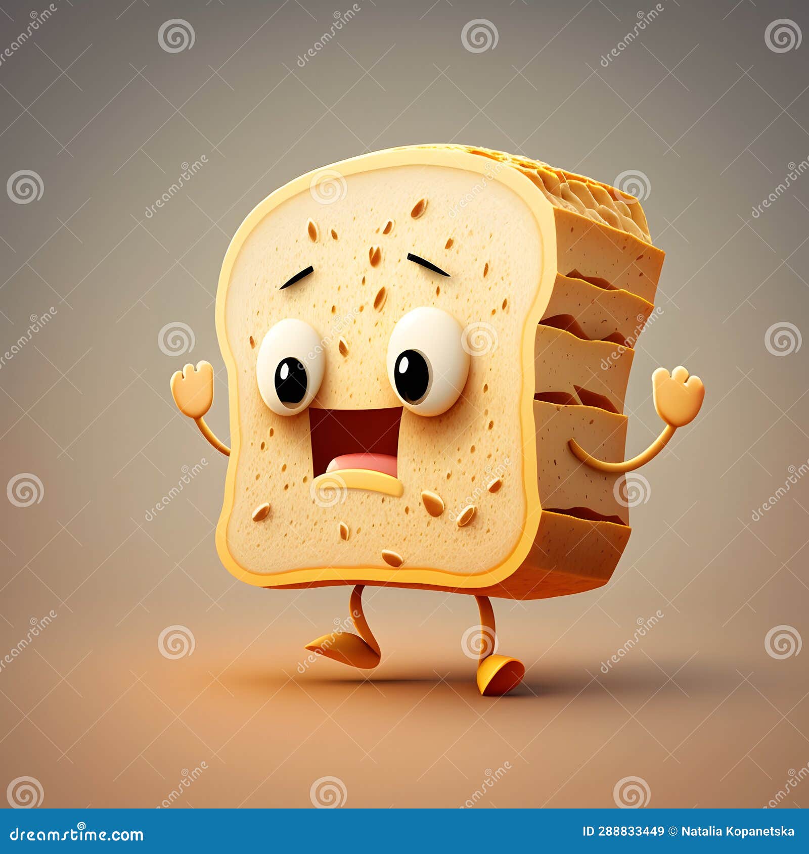 3D Funny Cartoon Slice Of Bread, Scared Bread On Minimalistic ...