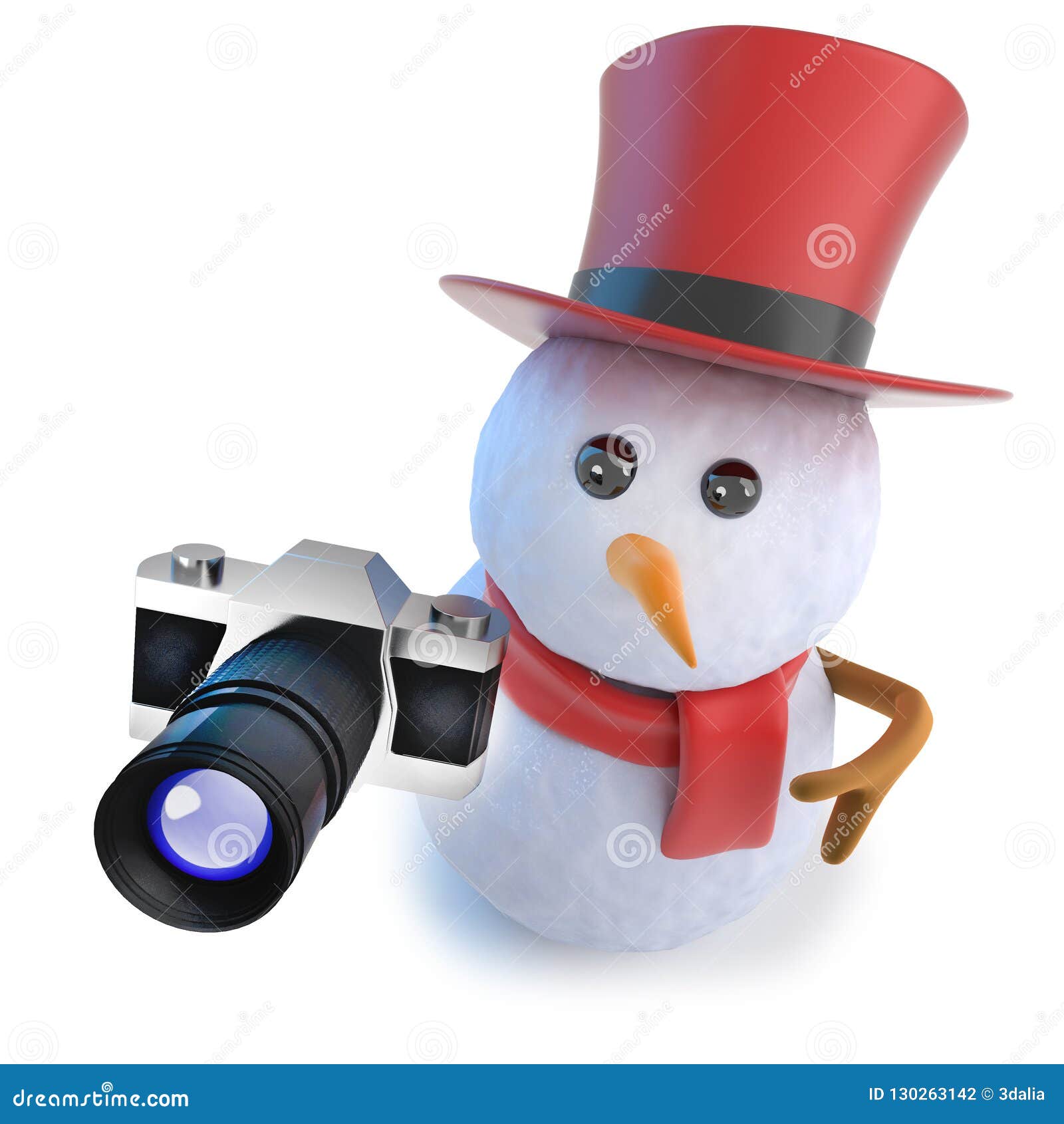3d Funny Cartoon Snowman in Top Hat Holding a Camera Stock Illustration ...