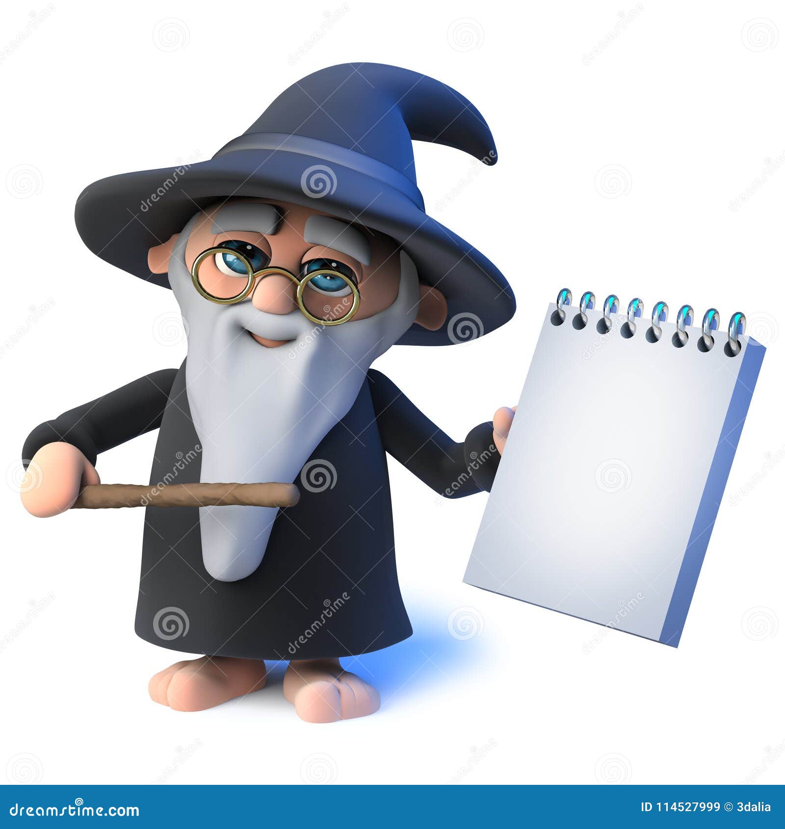 3d Funny Cartoon Wizard Magician Character Points His Wand at a Notepad ...