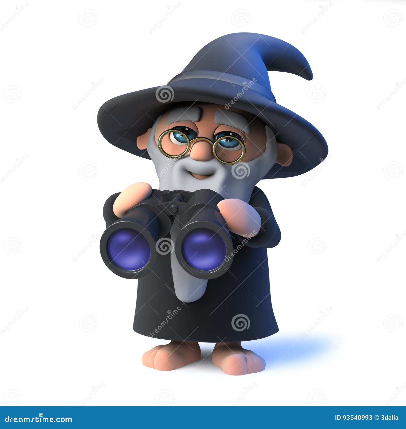 3d Funny Cartoon Wizard Magician Character Using a Pair of Binoculars ...