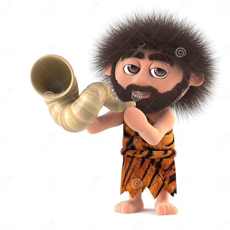3d Funny Caveman Blows His Horn Stock Illustration - Illustration of ...