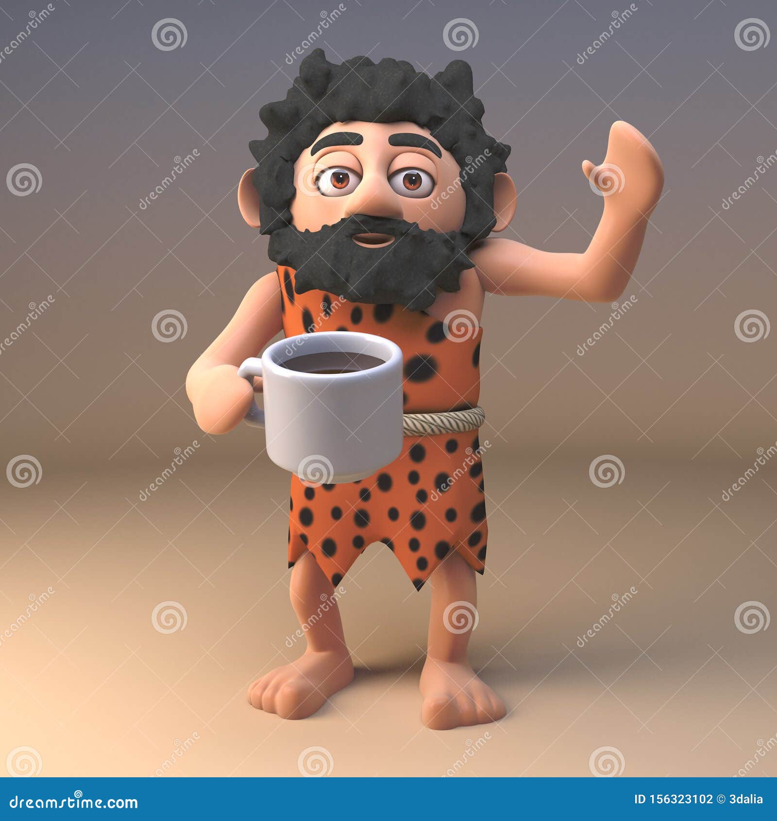 3d Funny Caveman Cartoon Character Drinking a Cup of Tea or Coffee, 3d ...
