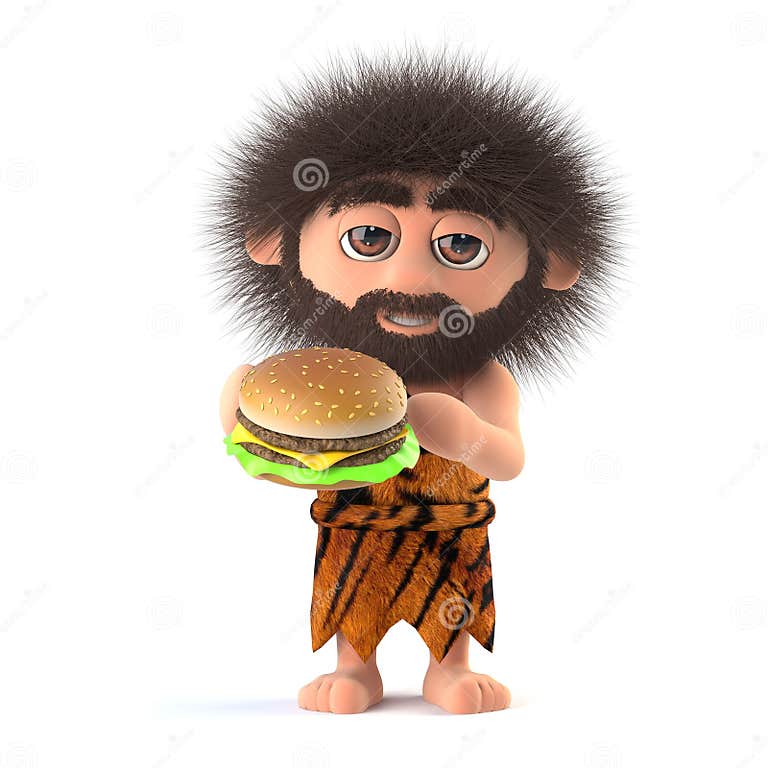 3d Funny Caveman Eats a Beef Burger Stock Illustration - Illustration ...