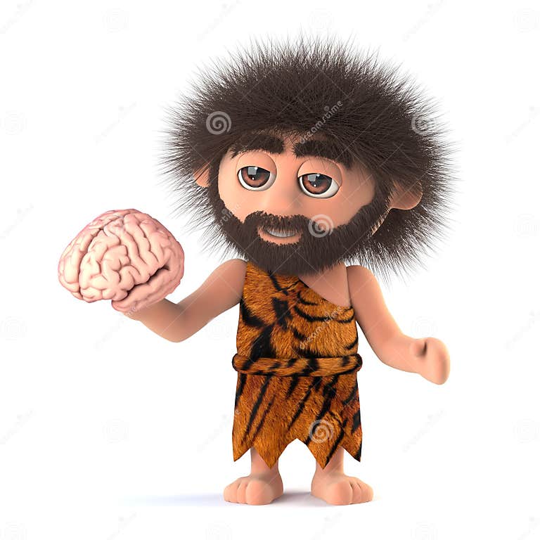 3d Funny Caveman Has a Brain Stock Illustration - Illustration of rough ...