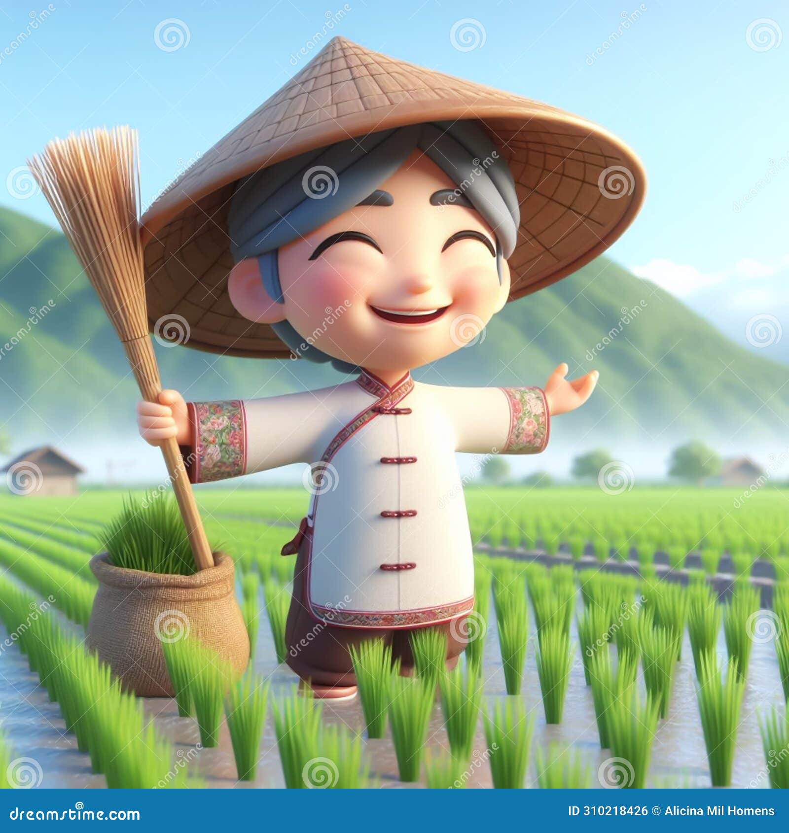 3D Funny Chinese Farmer Cartoon in Rice Fields. AI Generated Stock ...