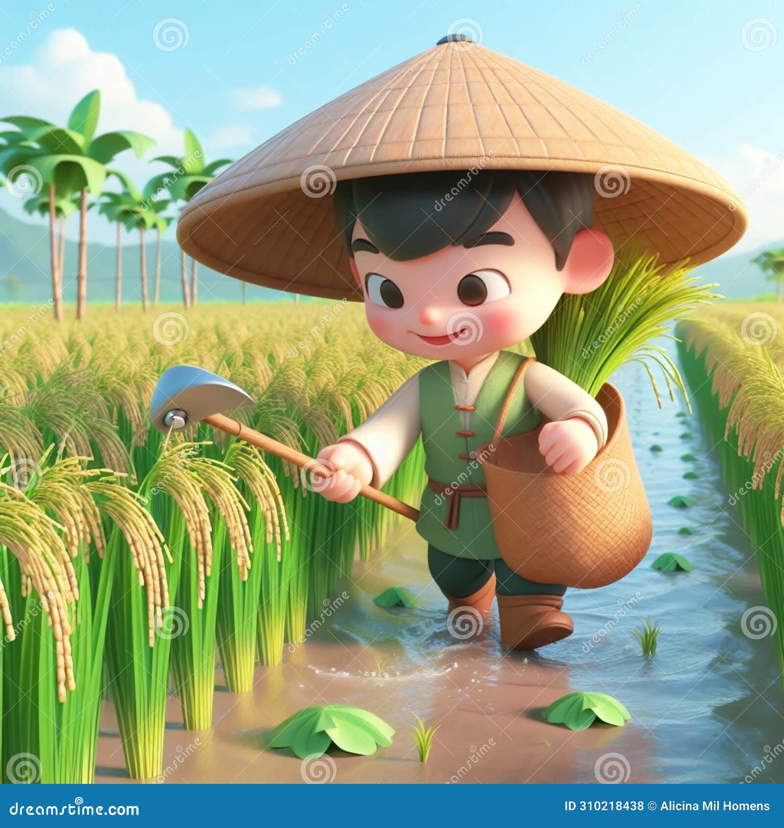 3D Funny Chinese Farmer Cartoon in Rice Fields. AI Generated Stock ...
