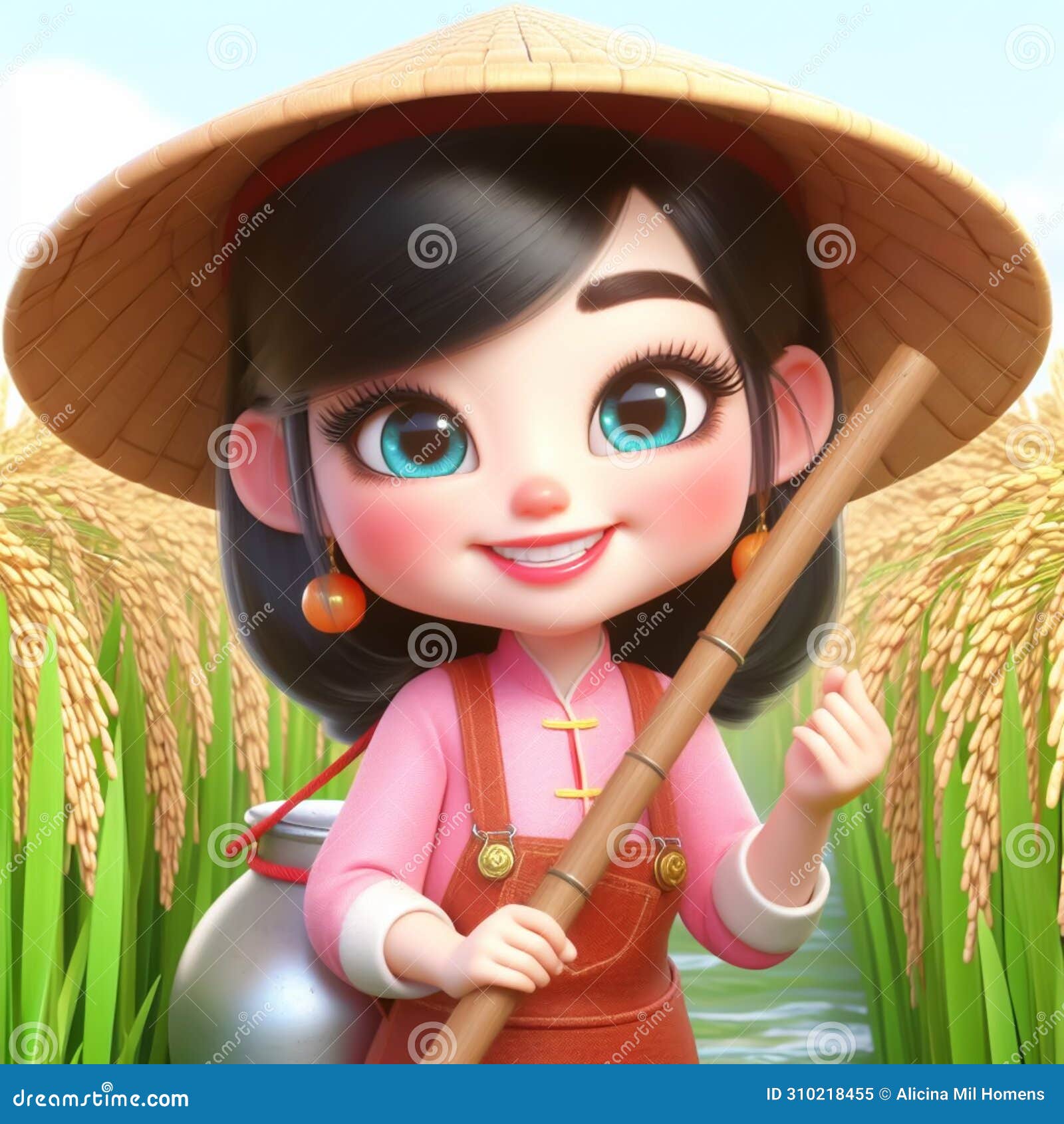 3D Funny Chinese Farmer Cartoon in Rice Fields. AI Generated Stock ...